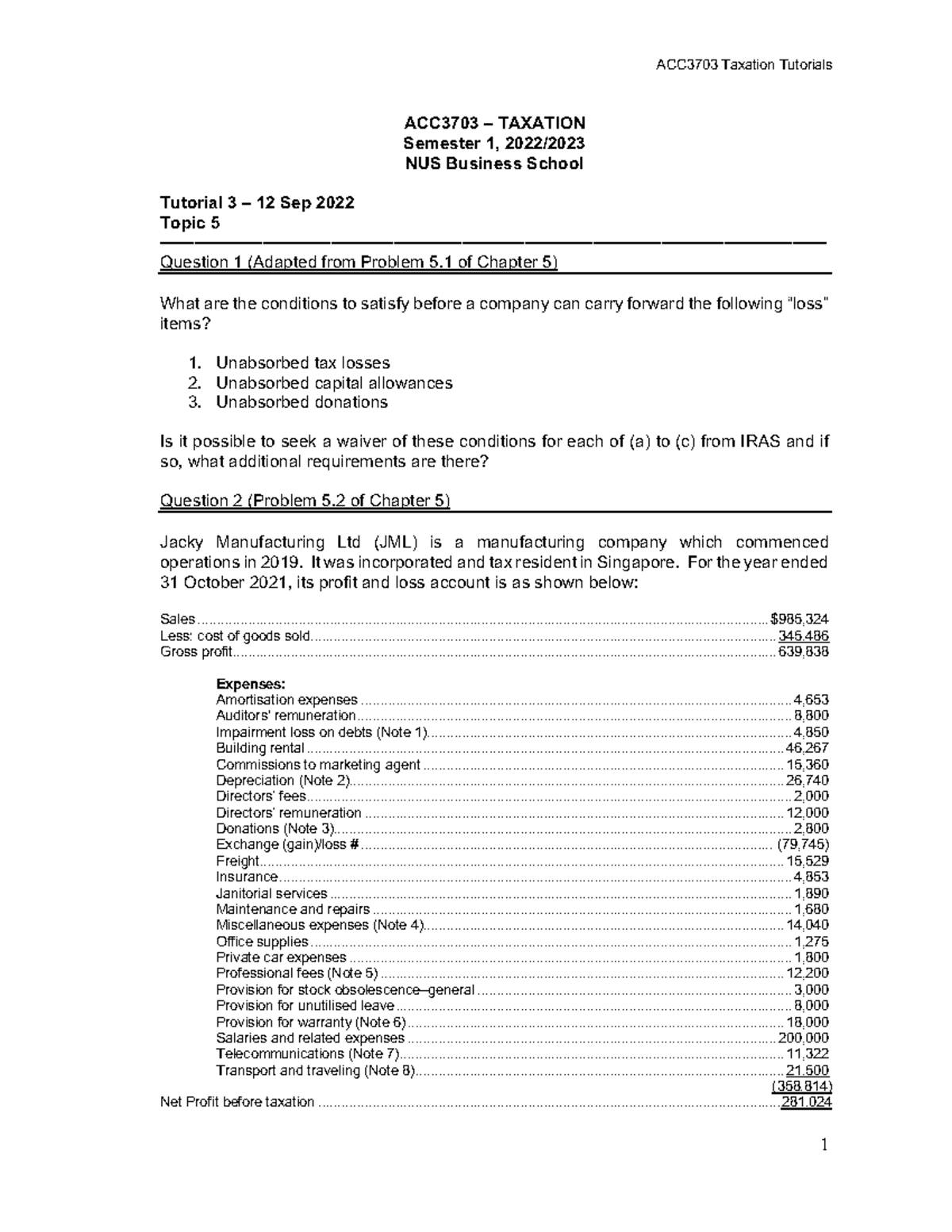 ACC 3703 Tut 3 - TUT questions - ACC3703 – TAXATION Semester 1, 2022 ...