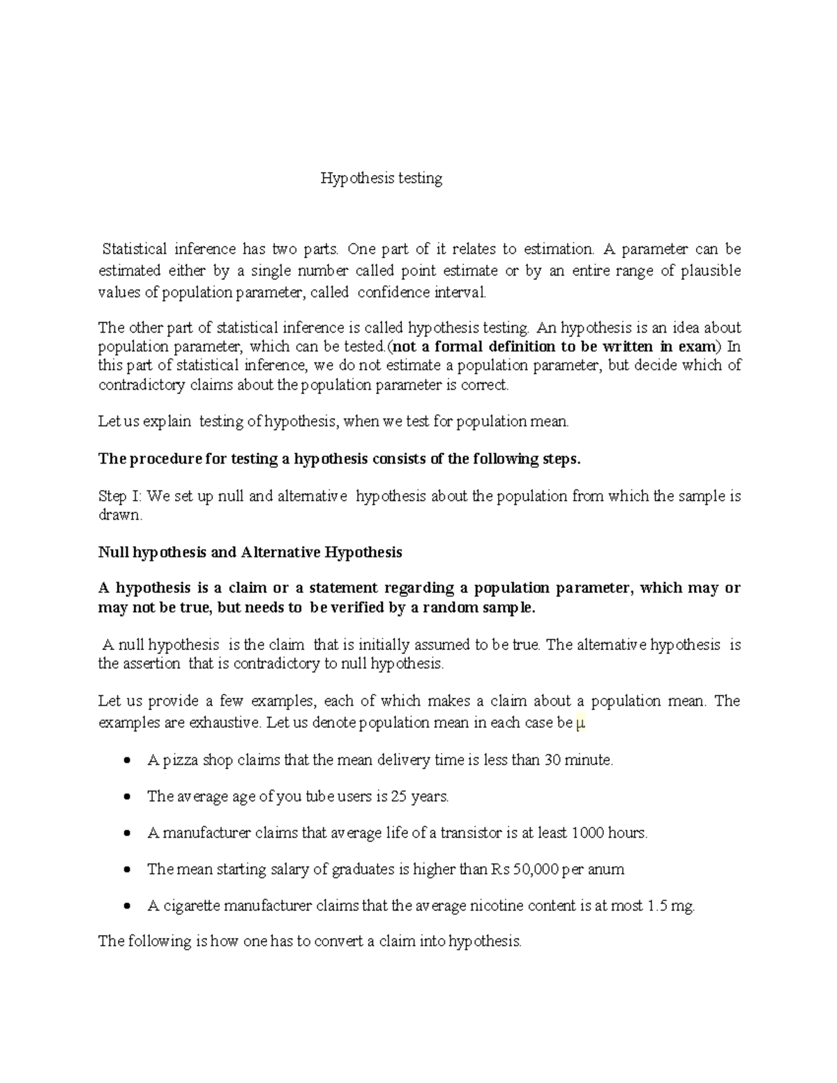 Hypothesis tesing - notes - Hypothesis testing Statistical inference ...