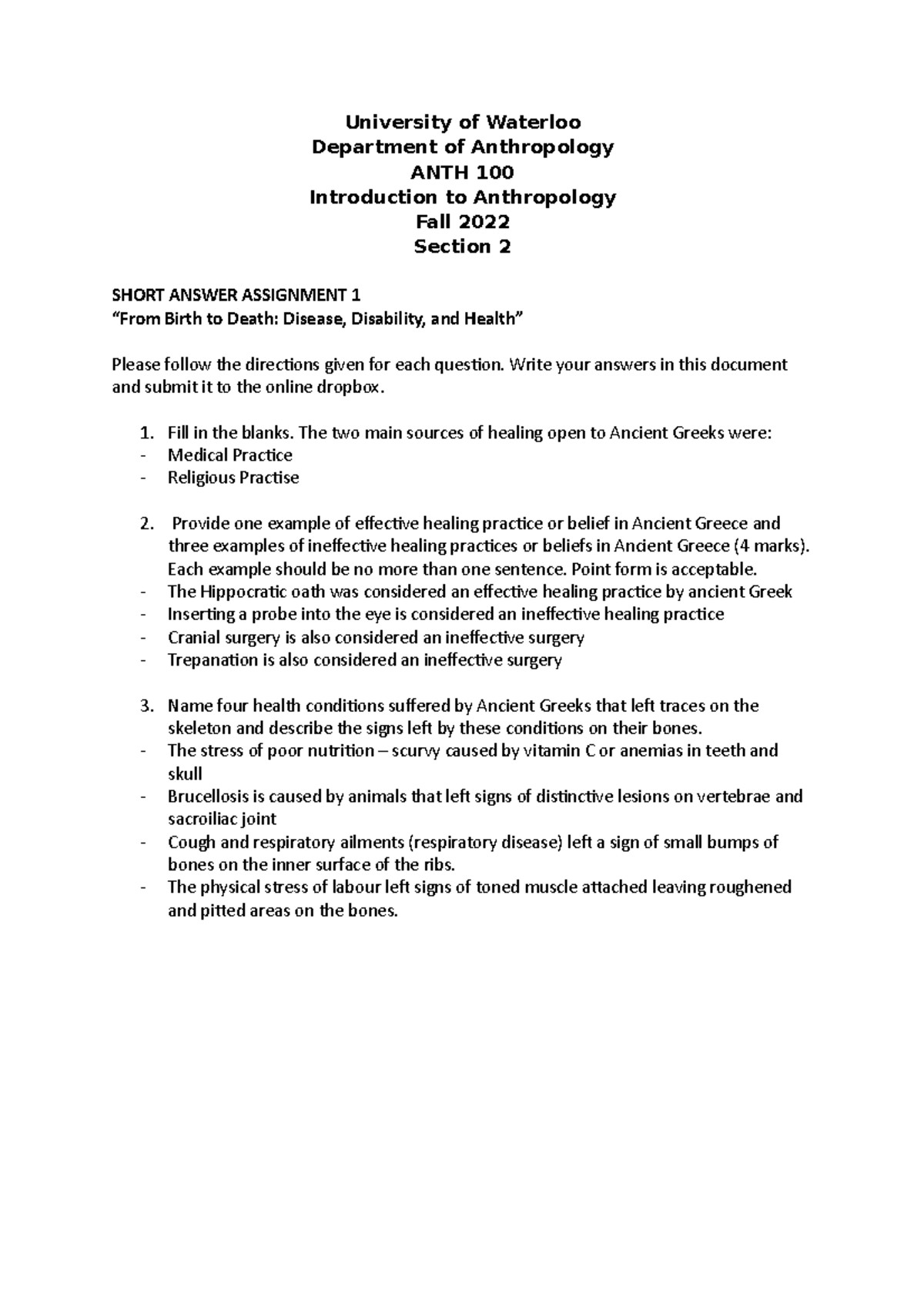 ANTH 100 Assignment 1 2 - University of Waterloo Department of Anthropology ANTH 100 ...