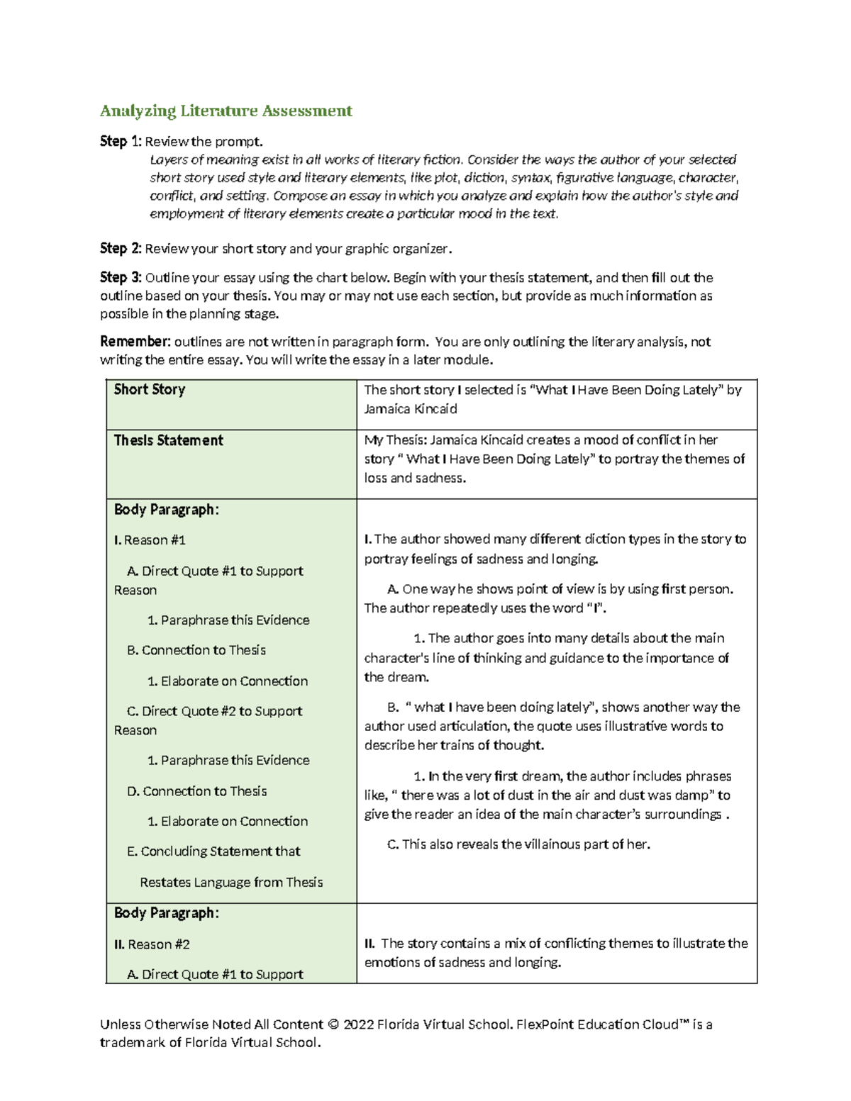 Analyzing literature assess rubric - Analyzing Literature Assessment ...