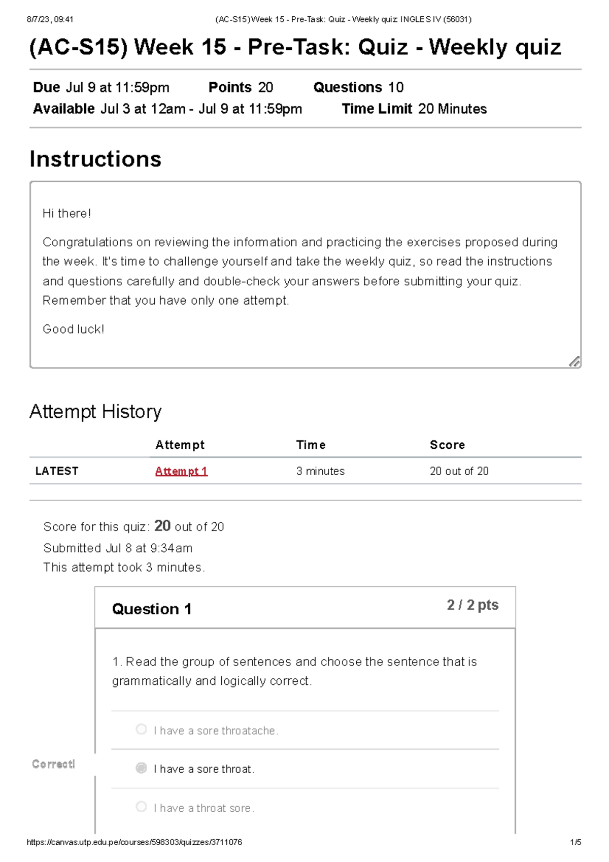 (AC-S15) Week 15 - Pre-Task Quiz - Weekly quiz Ingles IV - (AC-S15 ...