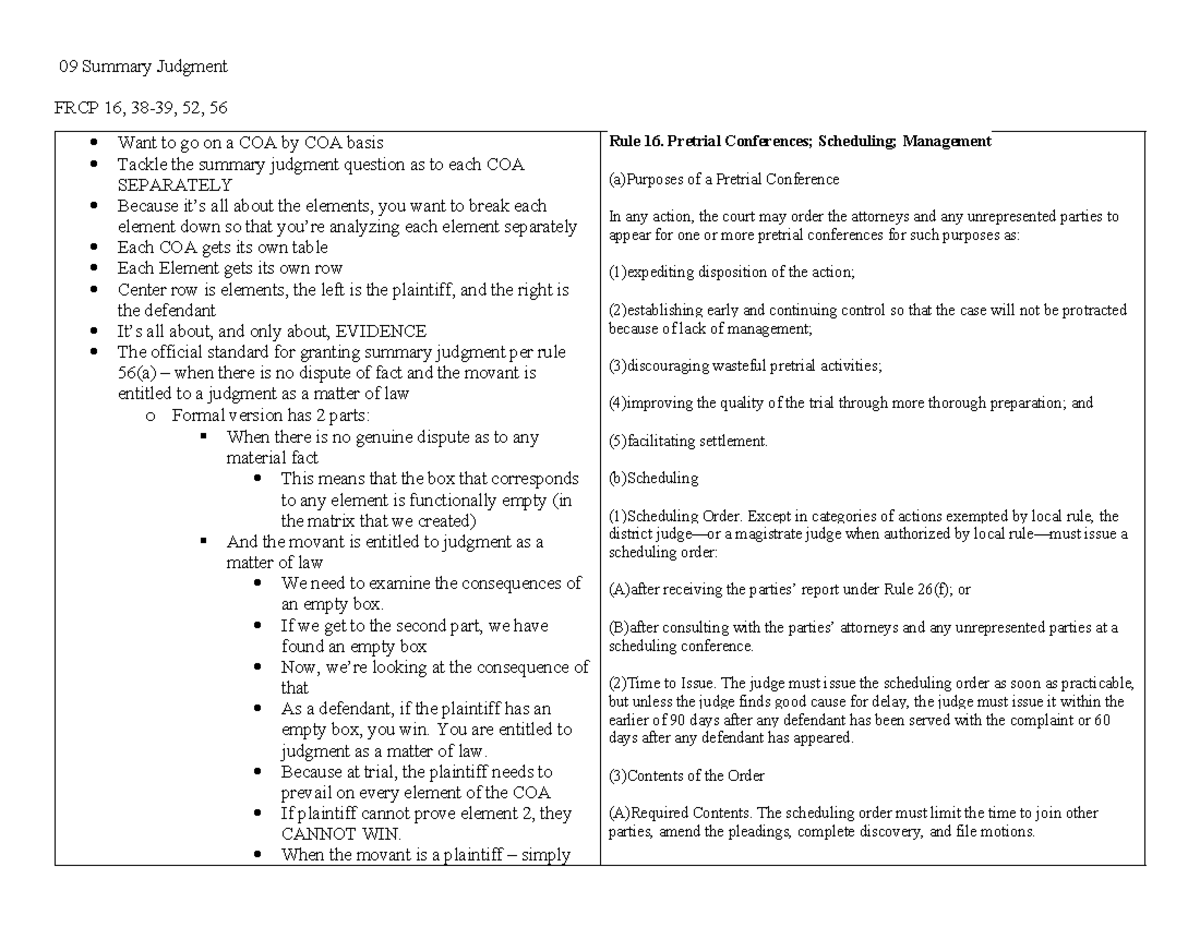Summary Judgment notes and rules - 09 Summary Judgment FRCP 16, 38-39 ...