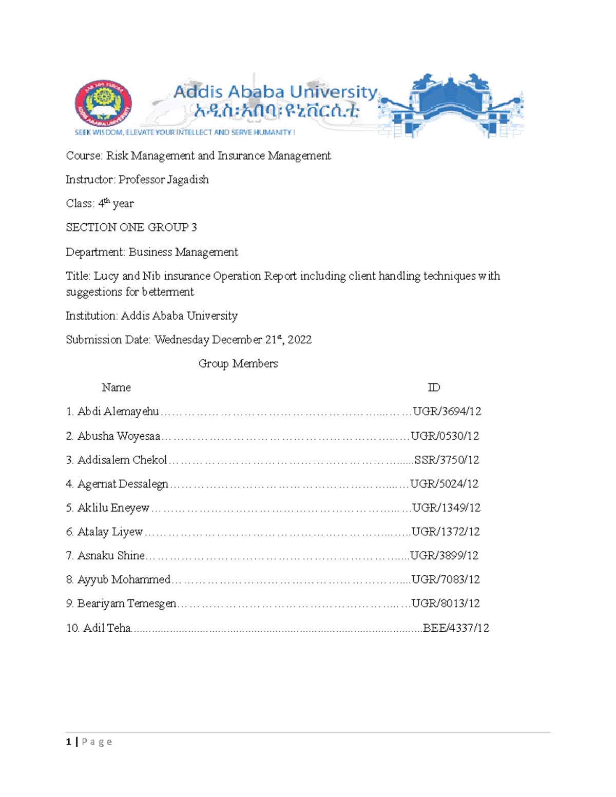 Risk final - well - Course: Risk Management and Insurance Management ...