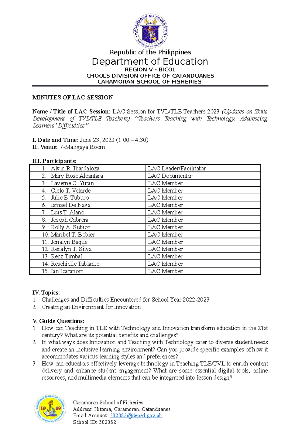 Lac session minutes - sample - Department of Education REGION V - BICOL ...