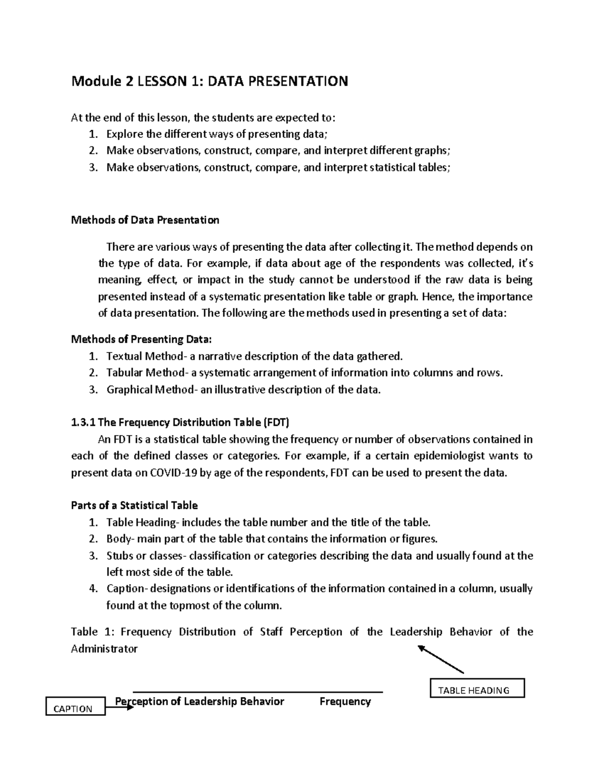 Module 2 - Lesson 1 Data Presentation - Module 2 LESSON 1: DATA ...