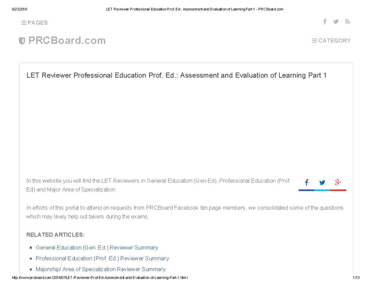 Assessment Part 1 - PAGES ú ù PRCBoard CATEGORY - Studocu