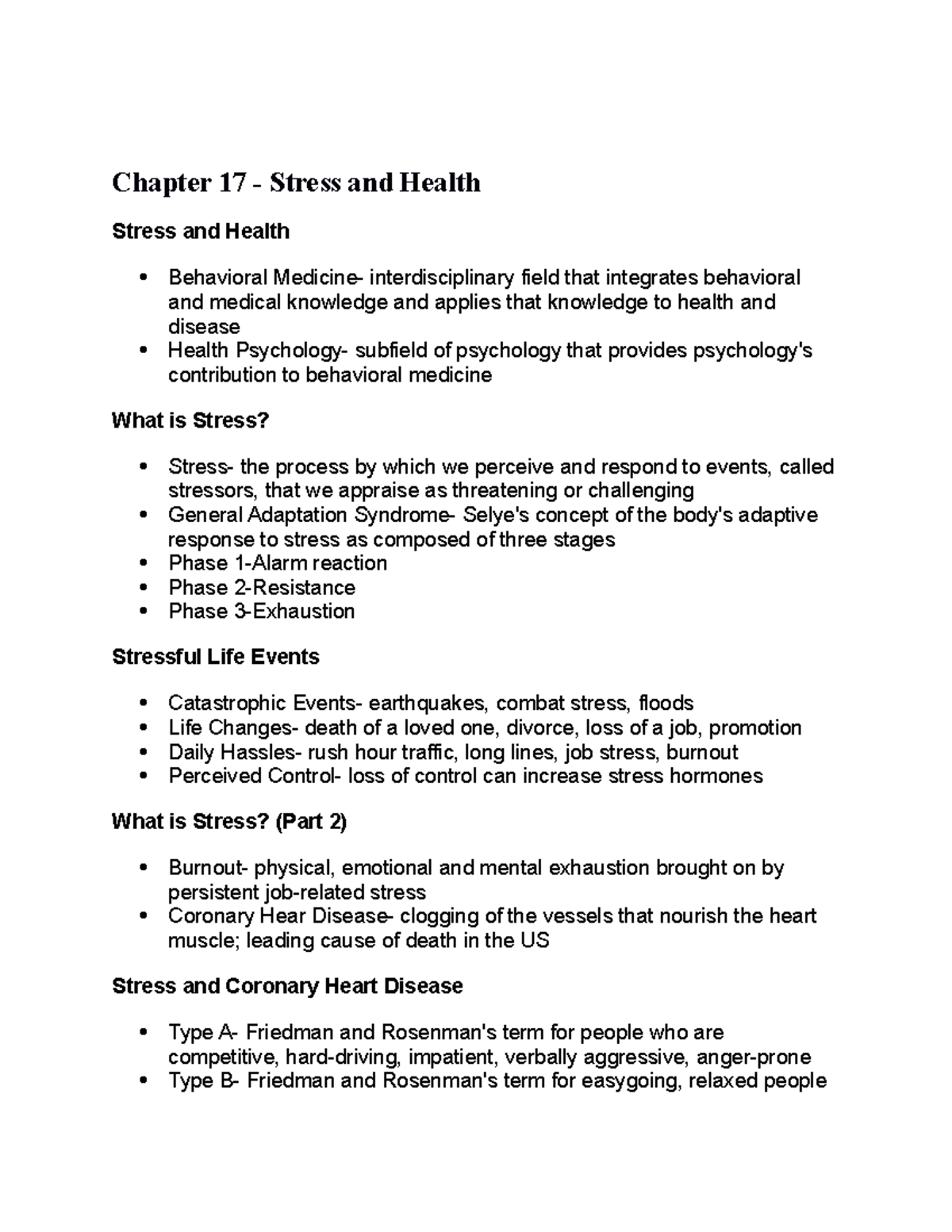 Psych Chapter 17 - Chapter 17 - Stress and Health Stress and Health ...