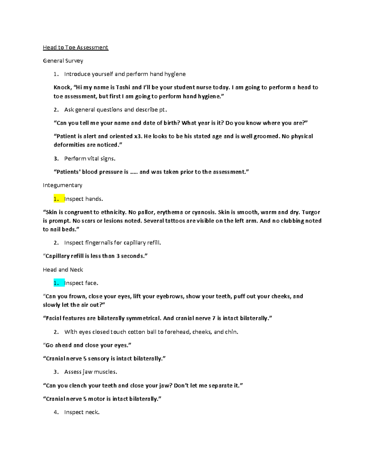 Head to Toe Assessment Script 1 - Head to Toe Assessment General Survey ...