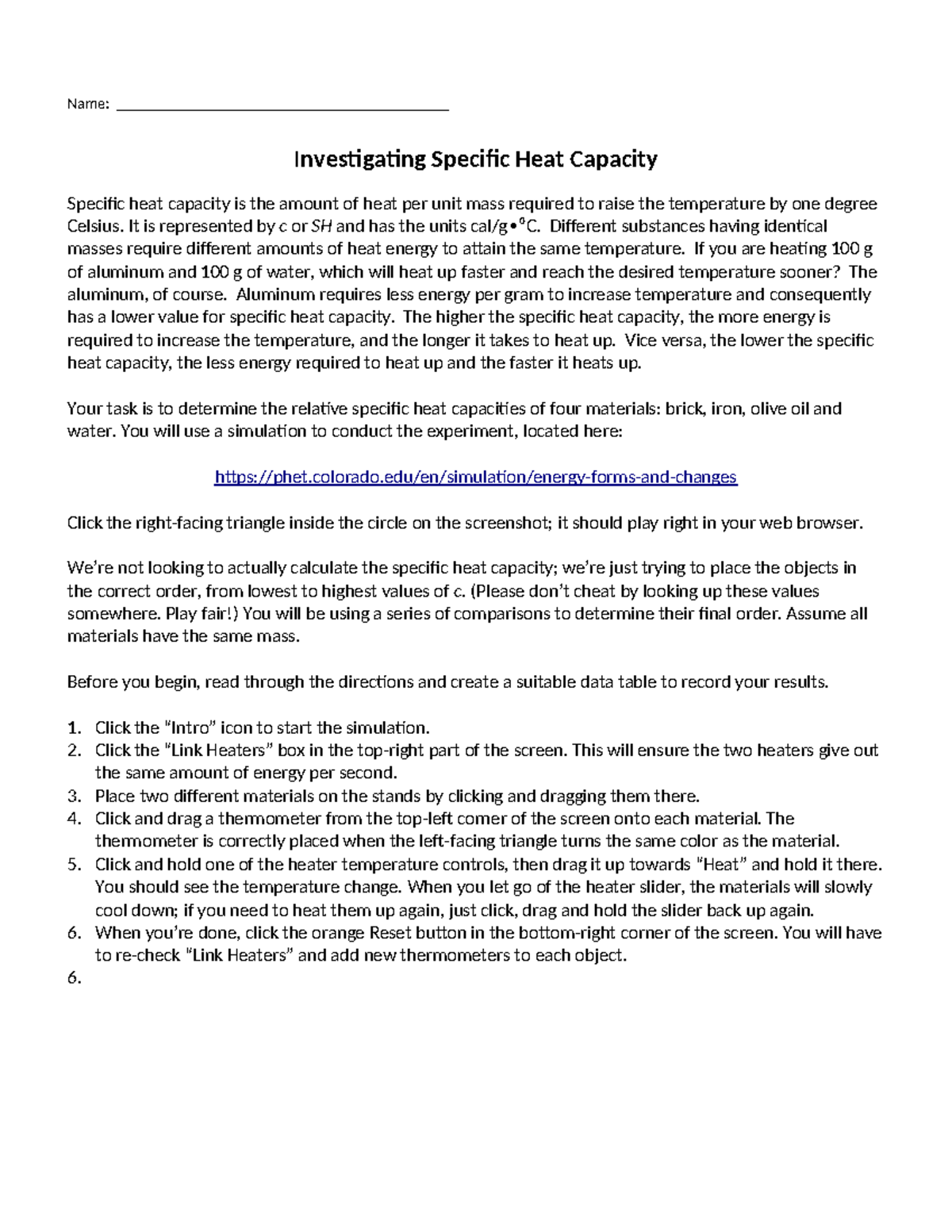 Specific heat capacity lab - Name ...