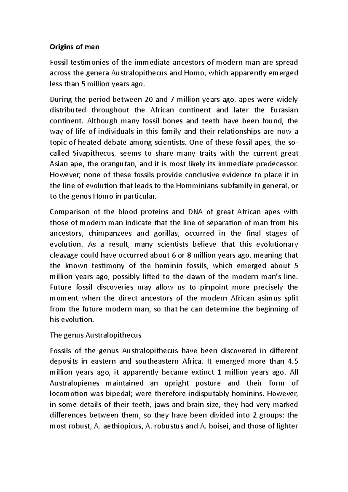 Origins of man - Lecture notes 12 - Origins of man Fossil testimonies ...