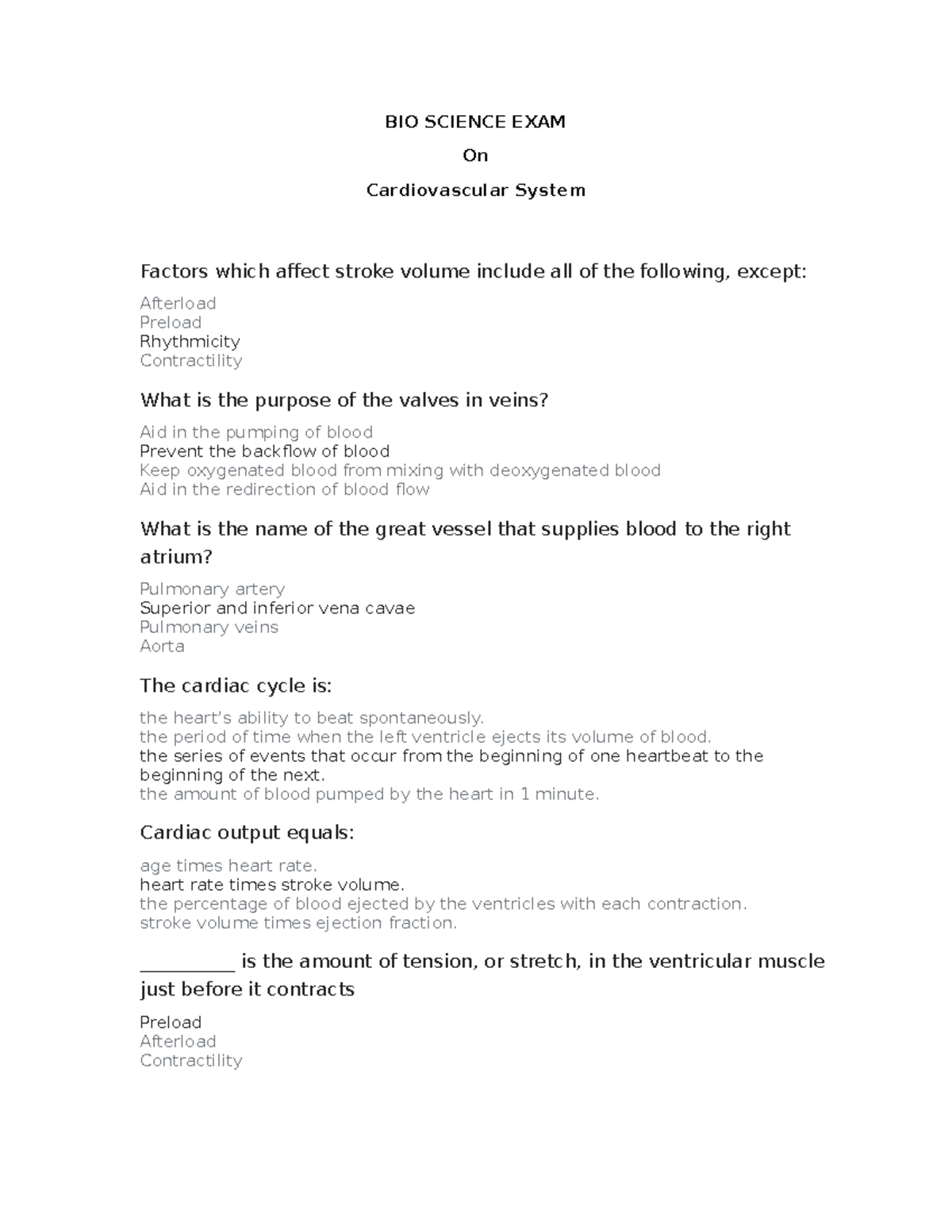 Biochemistry Q AND A - BIO SCIENCE EXAM On Cardiovascular System ...