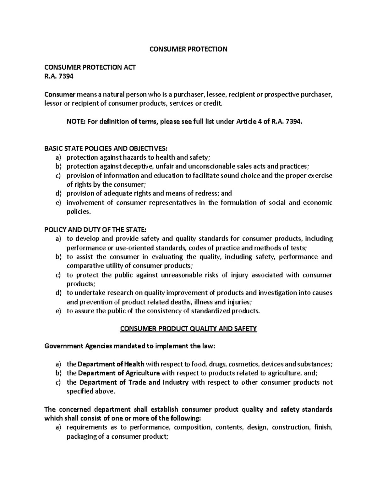 Consumer Protection - CONSUMER PROTECTION CONSUMER PROTECTION ACT R ...