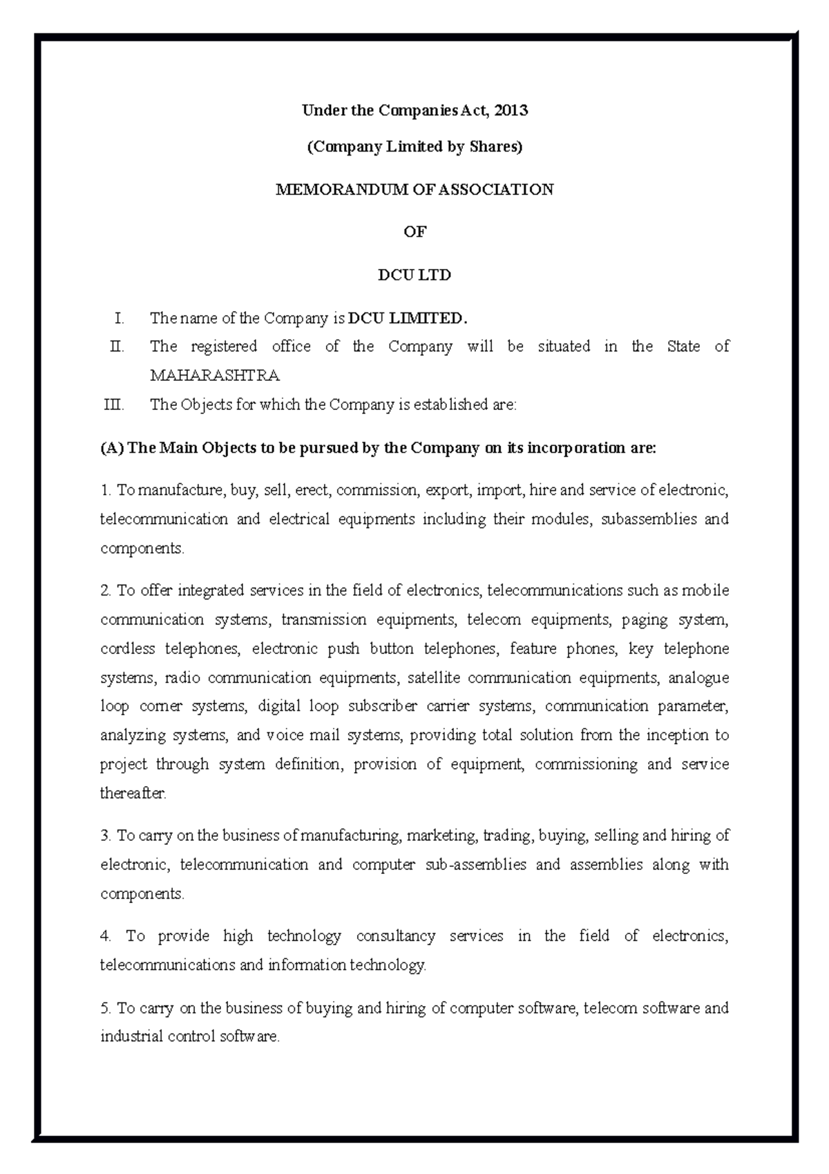 Memorandum of Association - Under the Companies Act, 2013 (Company ...