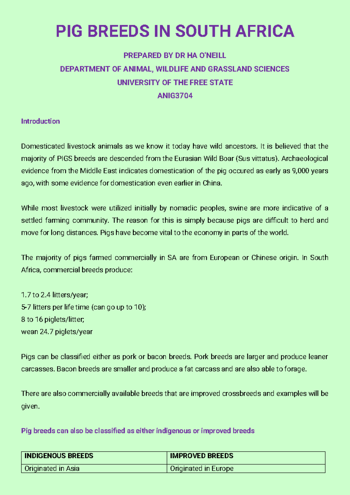 PIG Breeds IN South Africa - PIG BREEDS IN SOUTH AFRICA PREPARED BY DR HA O’NEILL DEPARTMENT OF ...