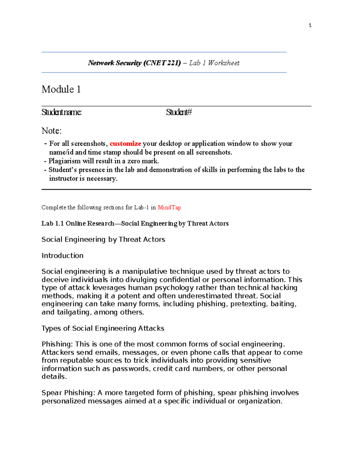 Lab 1 - lab1 - Network Security (CNET 221) – Lab 1 Worksheet Module 1 Student name: Student ...