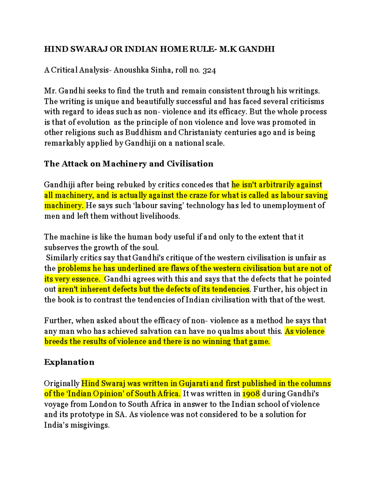 Hind Swaraj Notes - HIND SWARAJ OR INDIAN HOME RULE- M GANDHI A ...