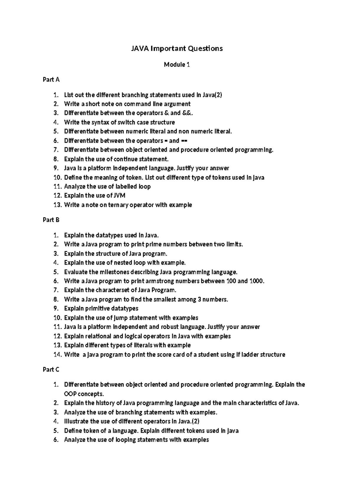 Java Imp Questions Java Important Questions Module 1 Part A List Out