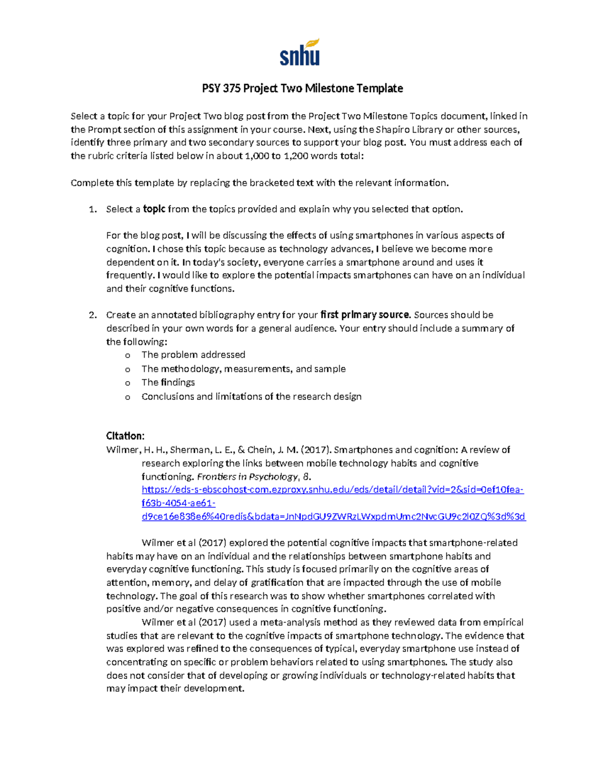 PSY 375 Project 2 Milestone Template - PSY 375 Project Two Milestone ...