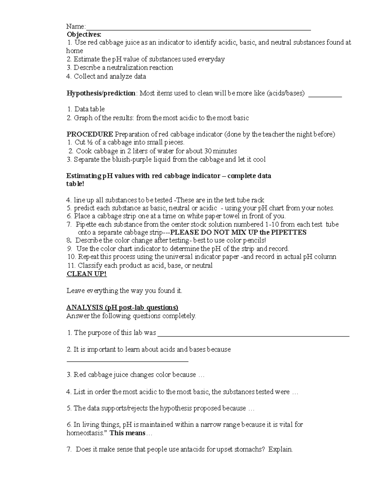Acid Base Lab Cabbage Juice Lab-converted - - Studocu
