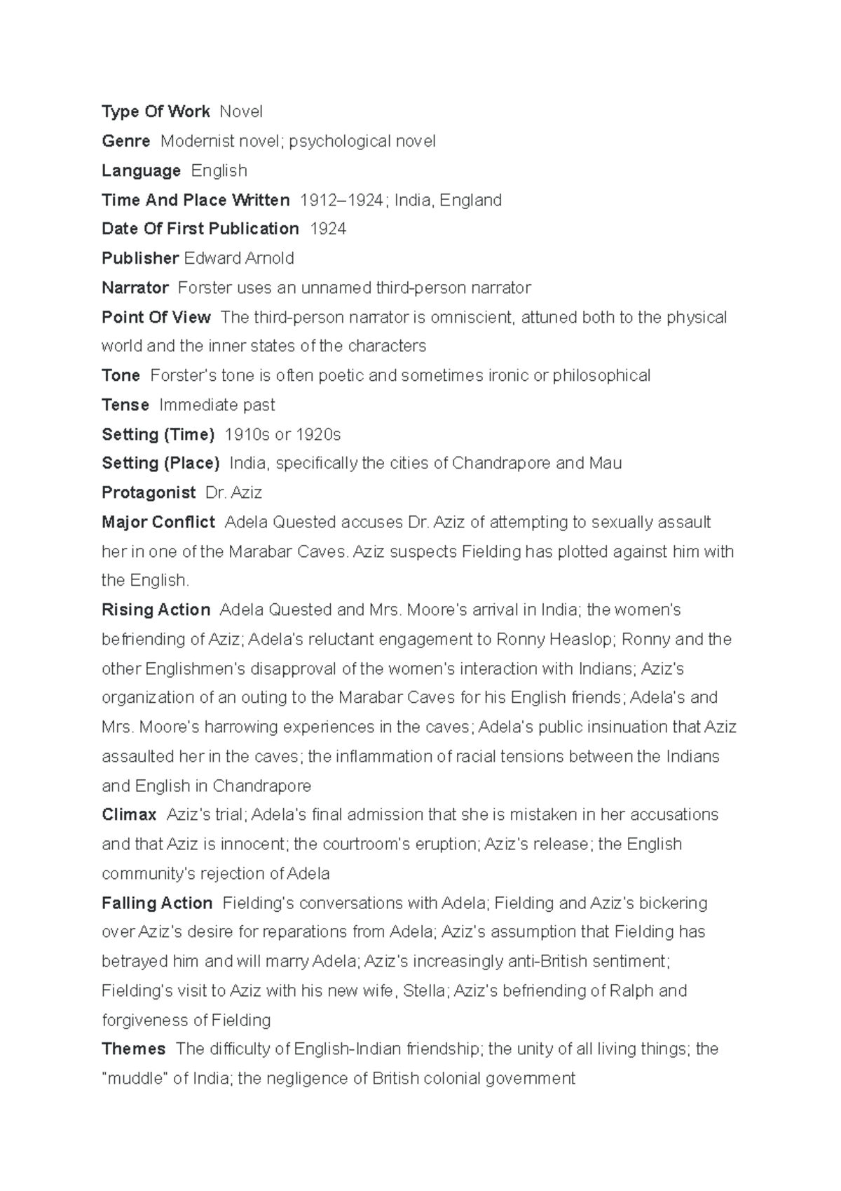 A Passage to India (Characters and themes) - Type Of Work Novel Genre ...