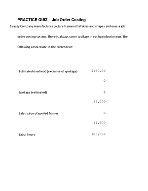 20 Practice QUIZ – Job Order Costing - PRACTICE QUIZ – Job Order ...