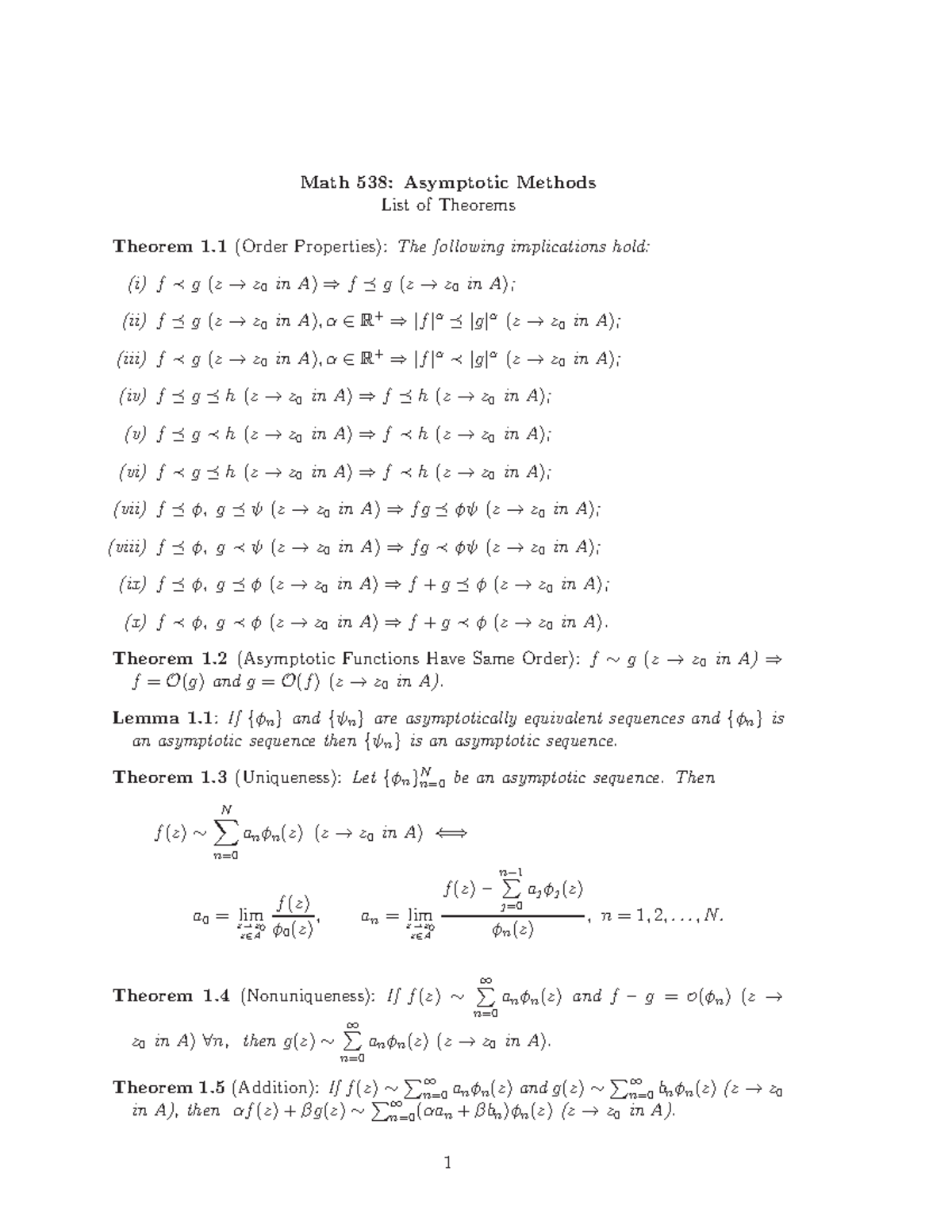 Theorems - Math 538: Asymptotic Methods List of Theorems Theorem 1 ...