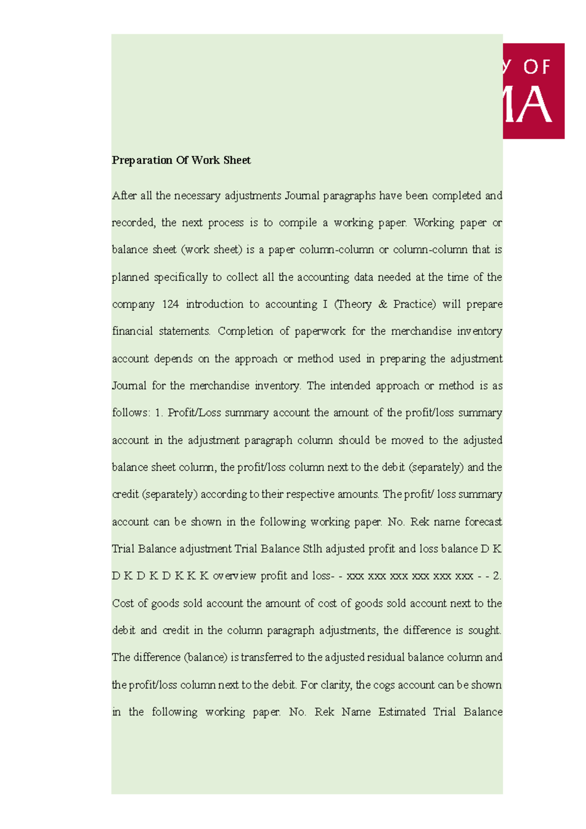 Documents Accounting - Preparation Of Work Sheet - Preparation Of Work ...
