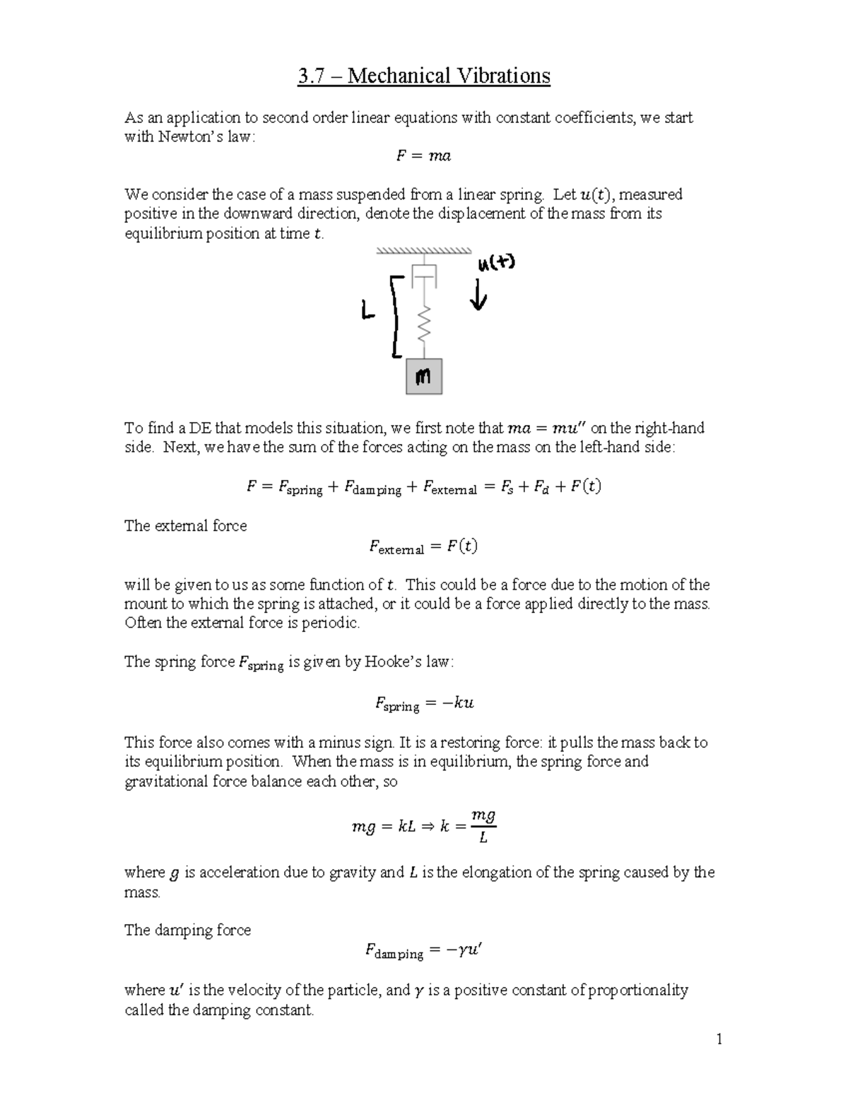 3.7 notes - 1 3 3 Mechanical Vibrations As an application to second ...