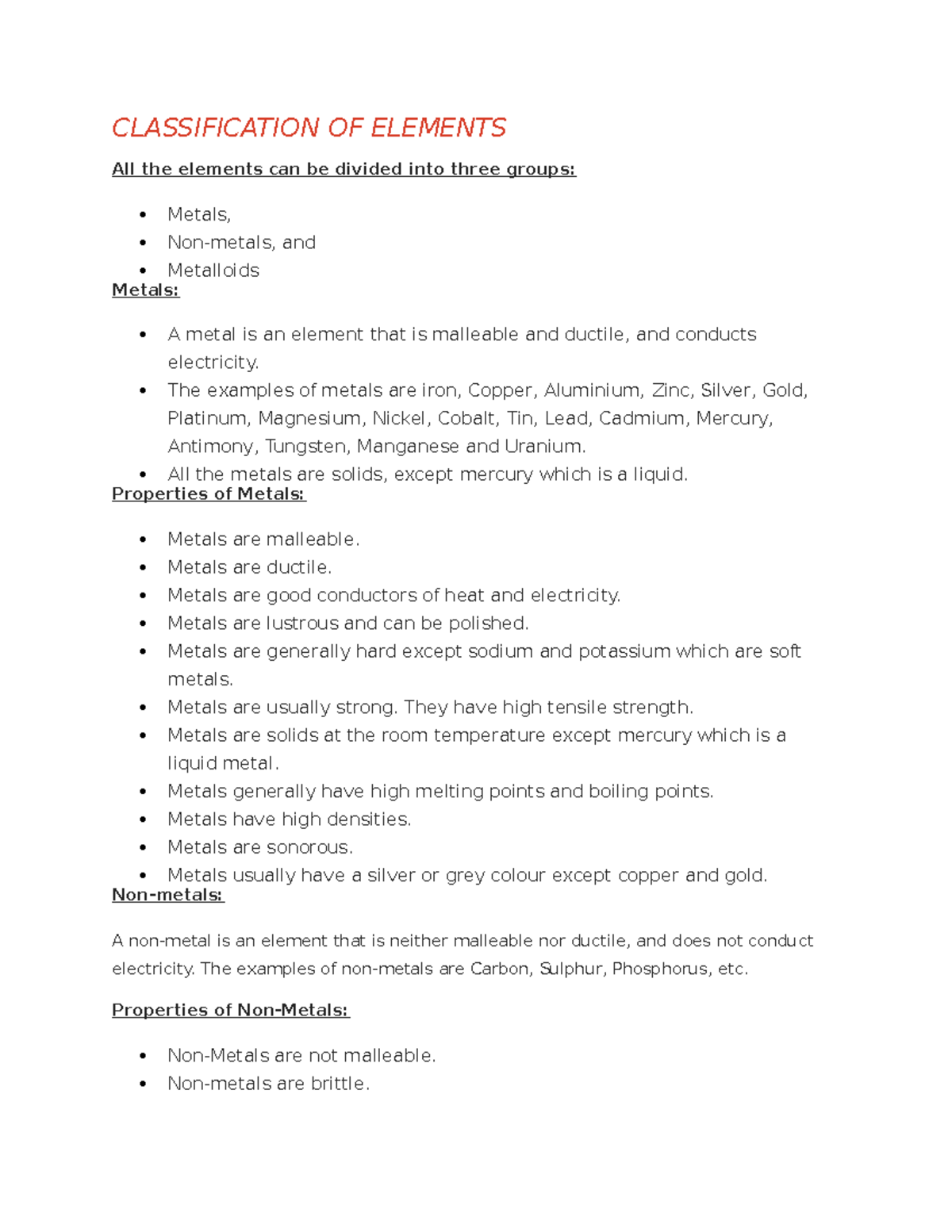 Elements - CLASSIFICATION OF ELEMENTS All the elements can be divided ...