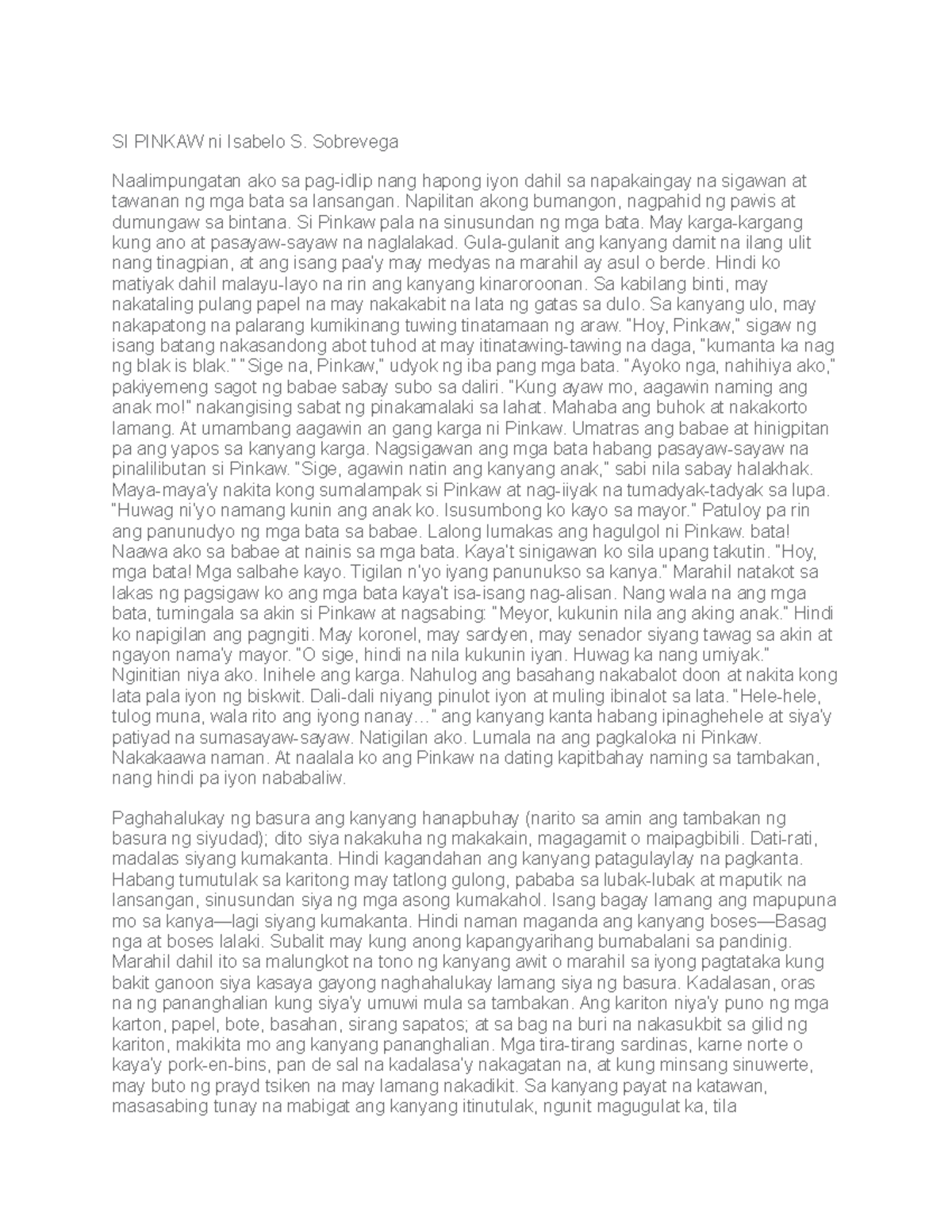 Si Pinkaw - Isabelo Sobrevega - SI PINKAW ni Isabelo S. Sobrevega ...