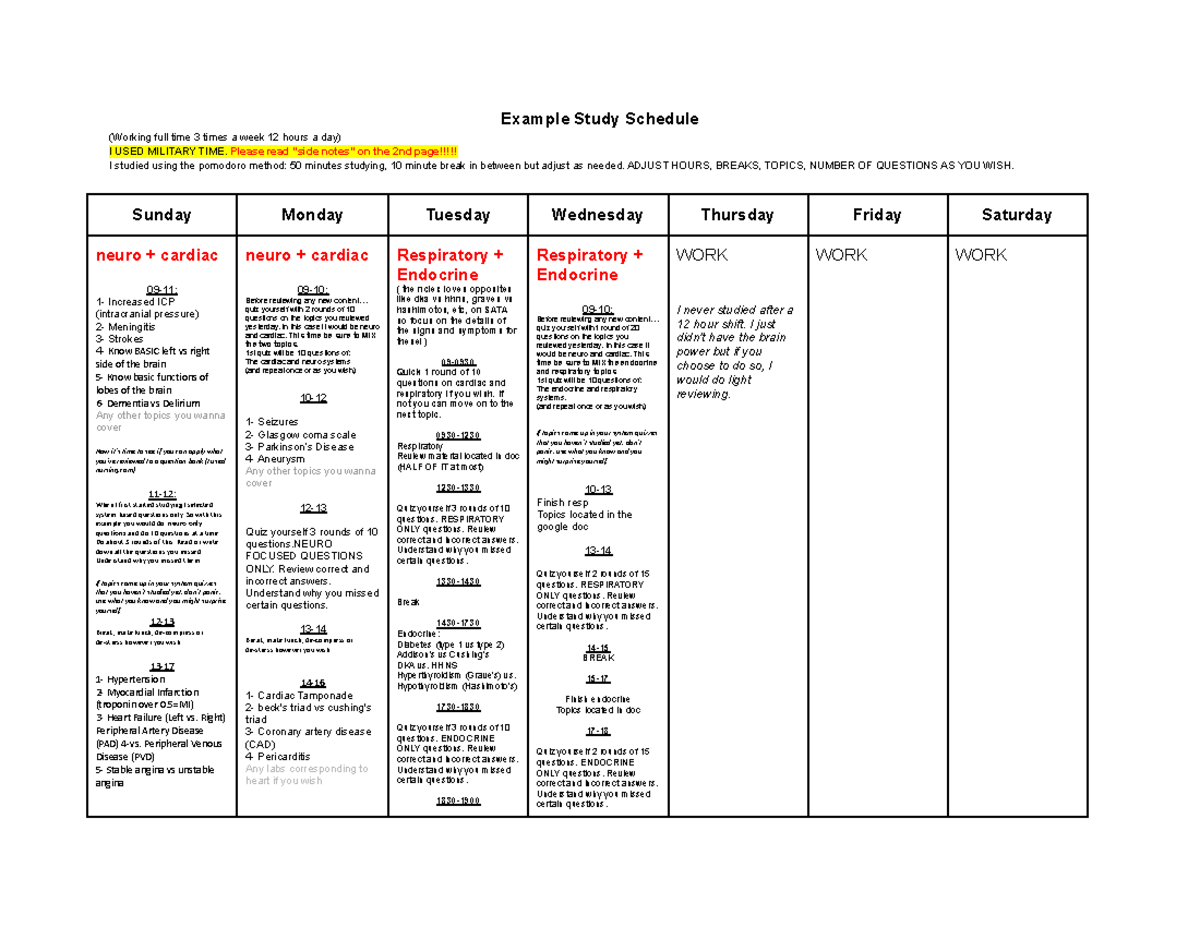 Nclex Study Schedule - Example Study Schedule (Working full time 3 ...