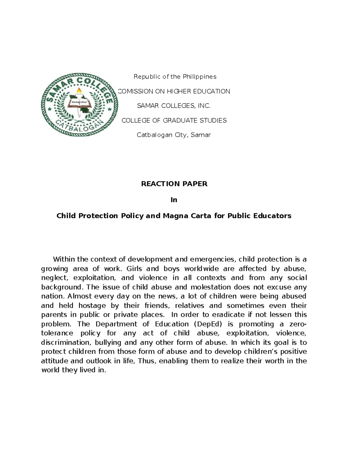 Reaction Paper in Legislation - Republic of the Philippines COMISSION ...