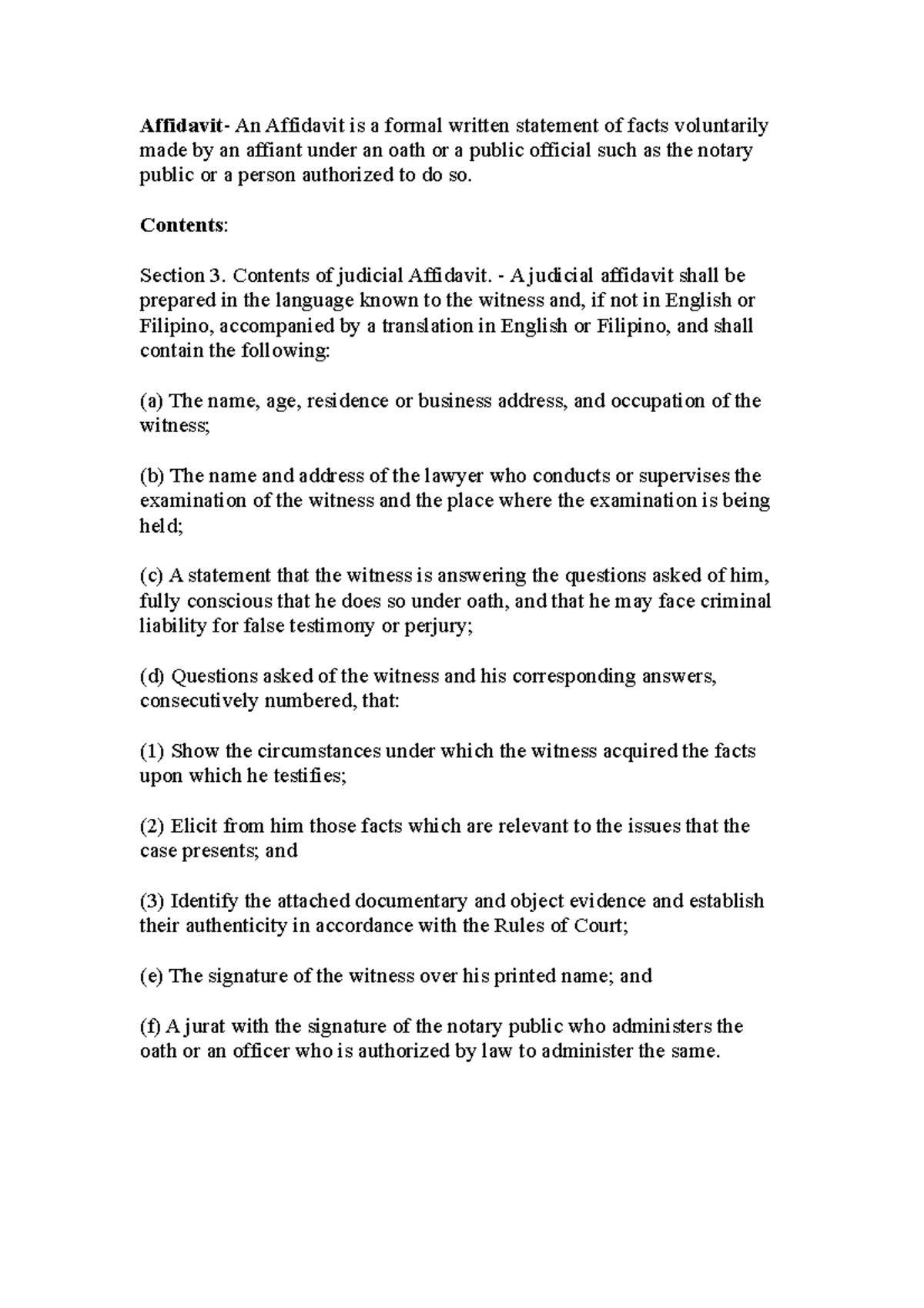 Affidavit - Contents: Section 3. Contents of judicial Affidavit. - A ...
