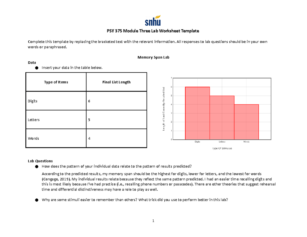 PSY 375 Module Three Lab Worksheet - All responses to lab questions ...