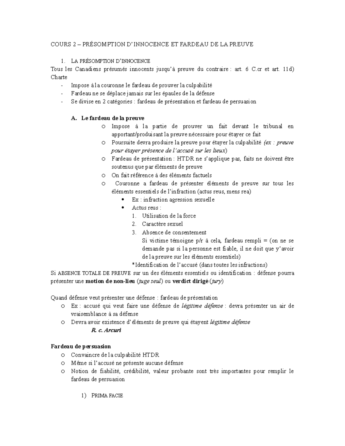 DRT512 - Cours 2 - COURS 2 – PRÉSOMPTION D’INNOCENCE ET FARDEAU DE LA ...