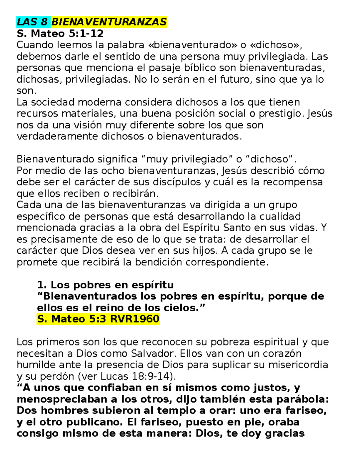 Las 8 bienaventuranzas - LAS 8 BIENAVENTURANZAS S. Mateo 5 :1- Cuando leemos la palabra - Studocu