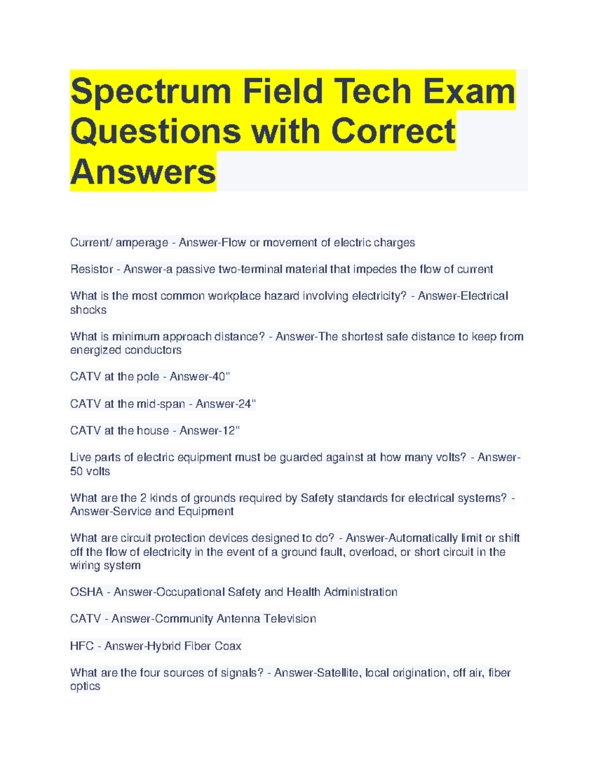Spectrum Field Tech Exam Questions with Correct Answers - Spectrum ...