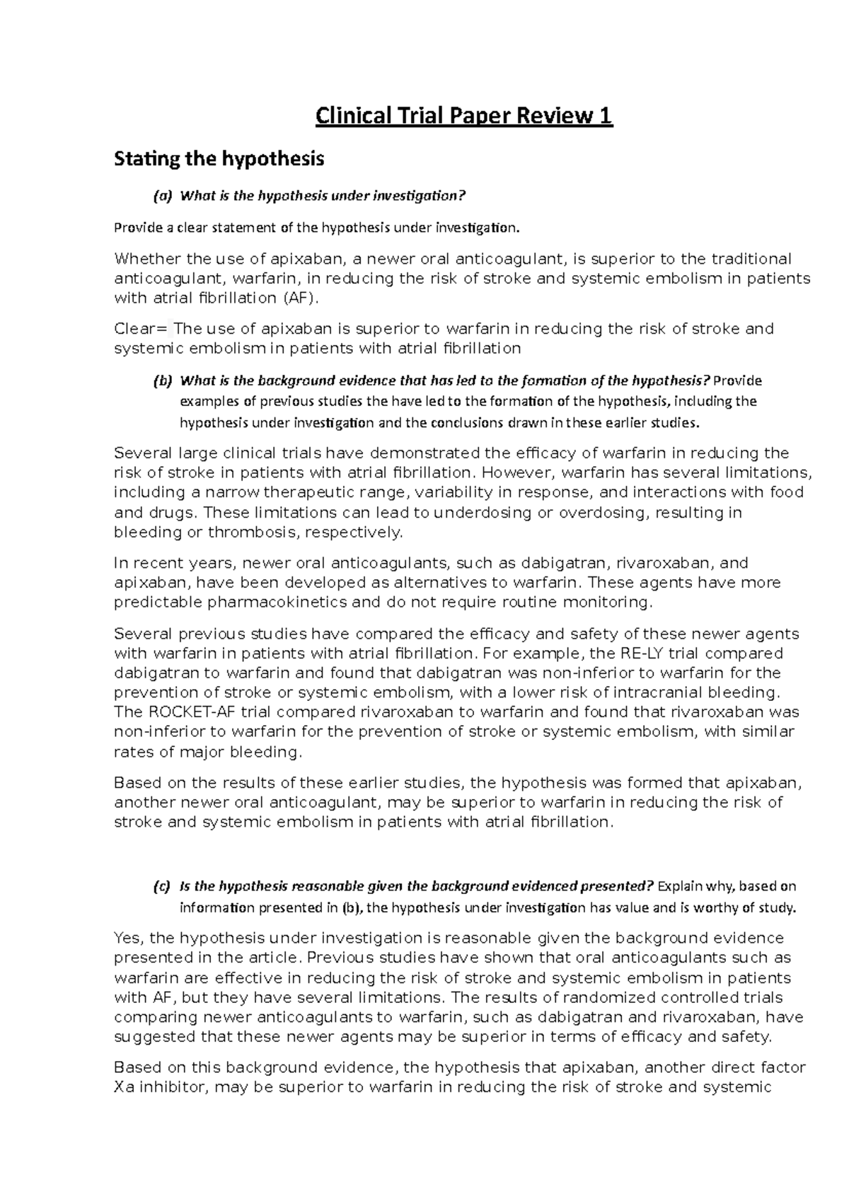 Clinical Trial Paper Review 1 - Whether the use of apixaban, a newer ...