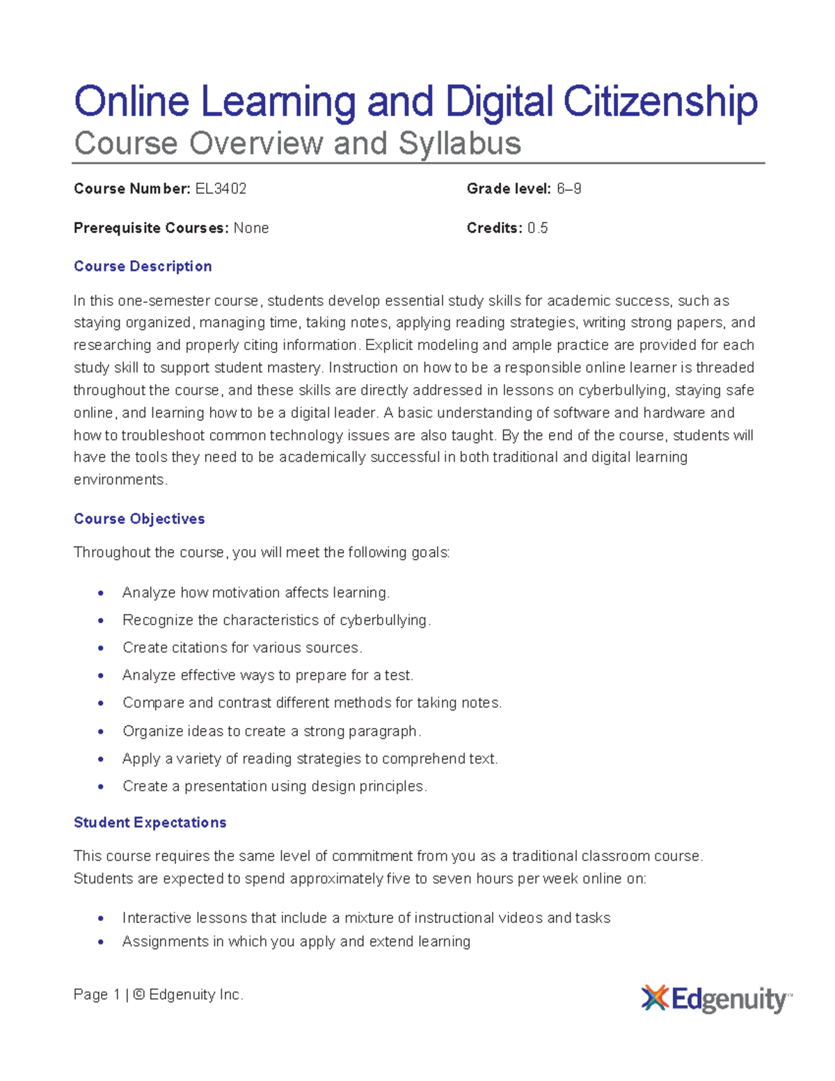 Online Learning and Digital Citizenship - Page 1 | © Edgenuity Inc ...