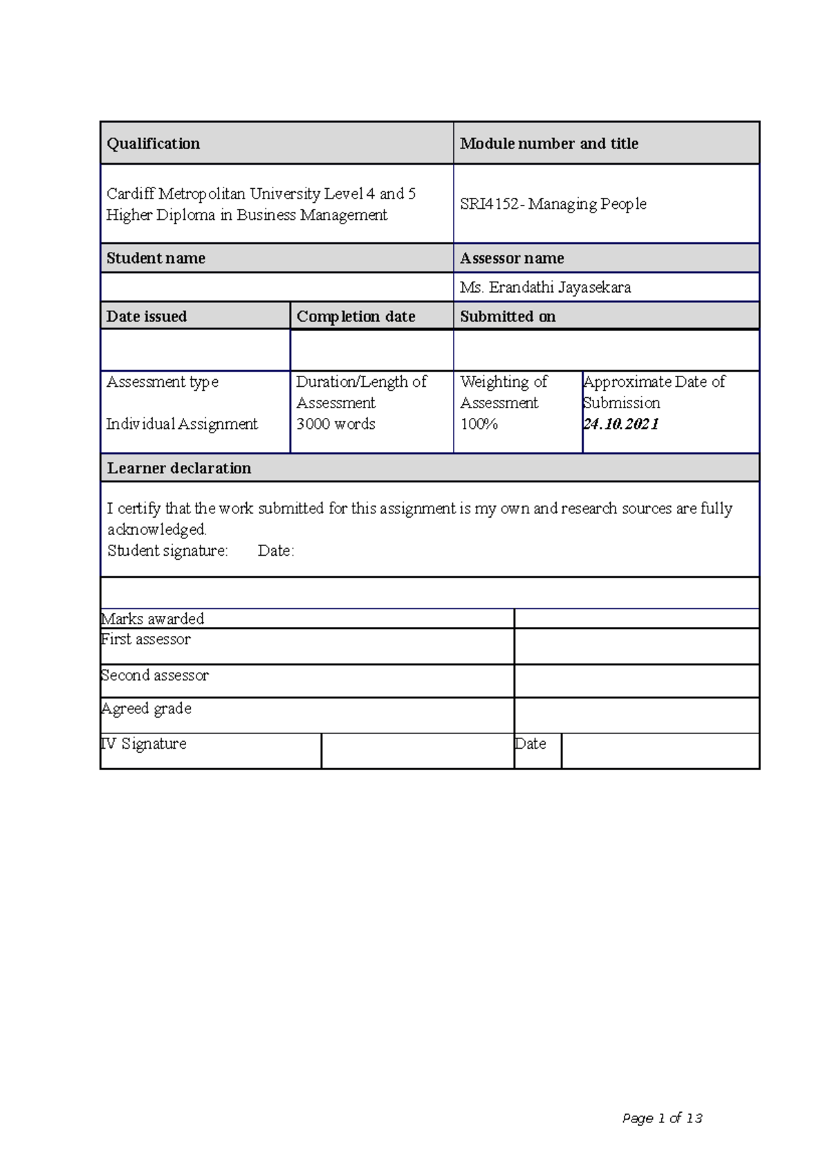 Managing People - Assignment - PT - Qualification Module number and ...