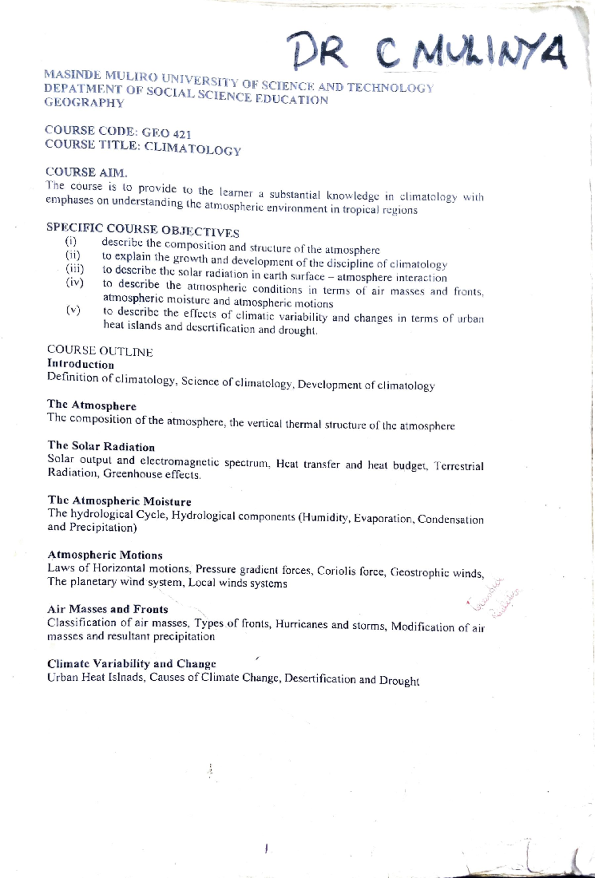 GEO 421 Climatology. PG 1-31 - DR C MULINYA MASINDE MULIRO UNIVERSITY OF SCIENCE AND TECHNOLOGY ...
