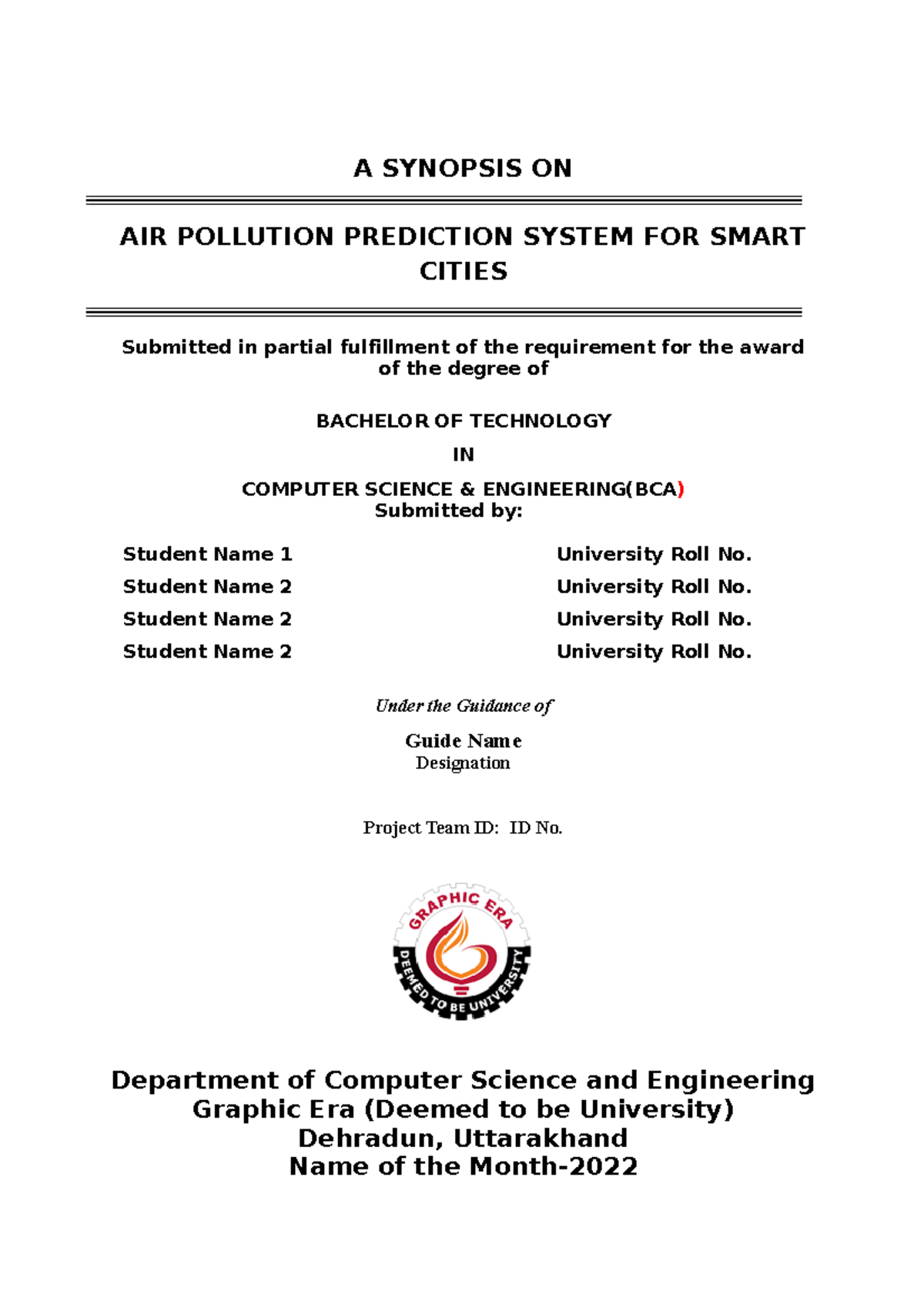CSE Major Project Synopsis Format - A SYNOPSIS ON AIR POLLUTION ...