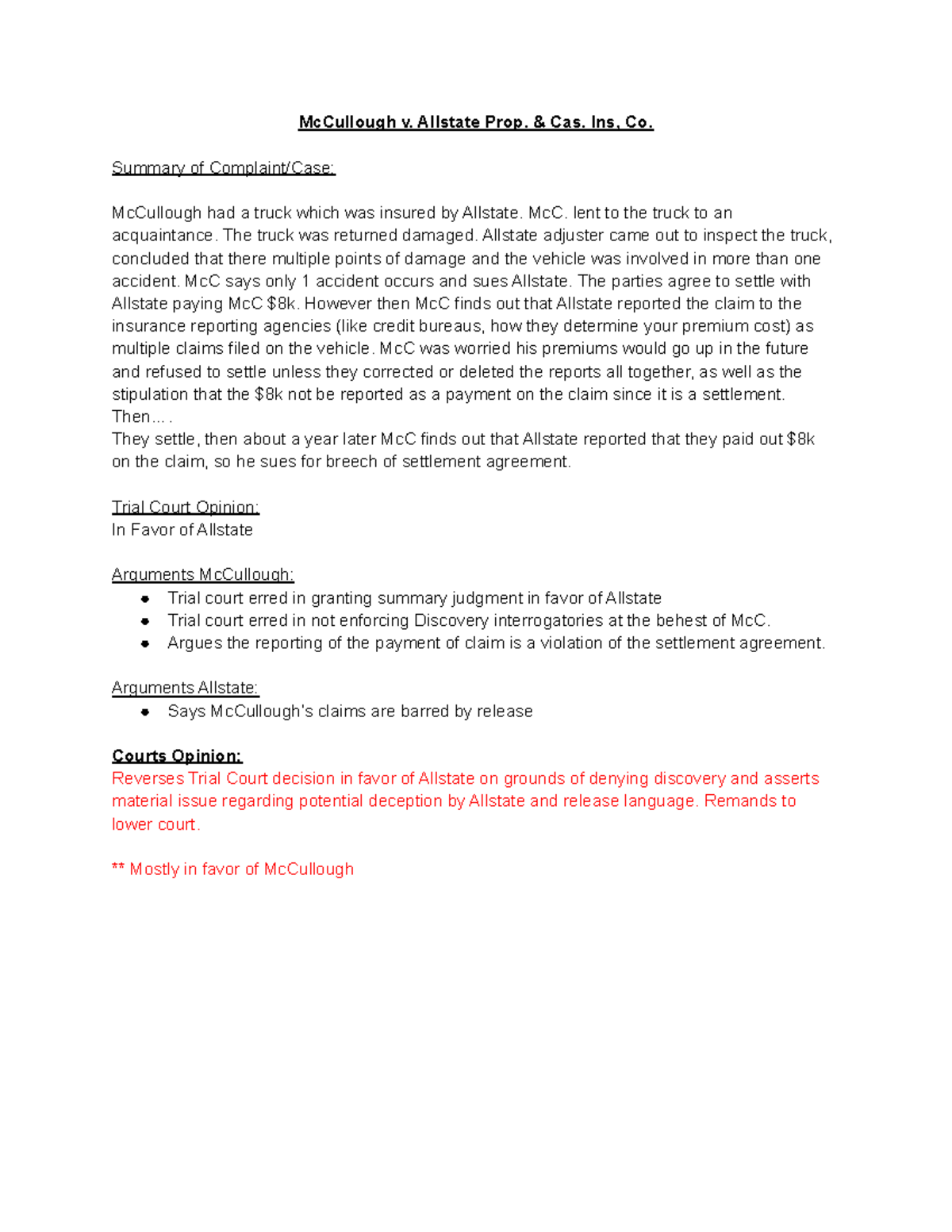 Business Law Module 1 Case Study Summary Mc Cullough v. Allstate ...
