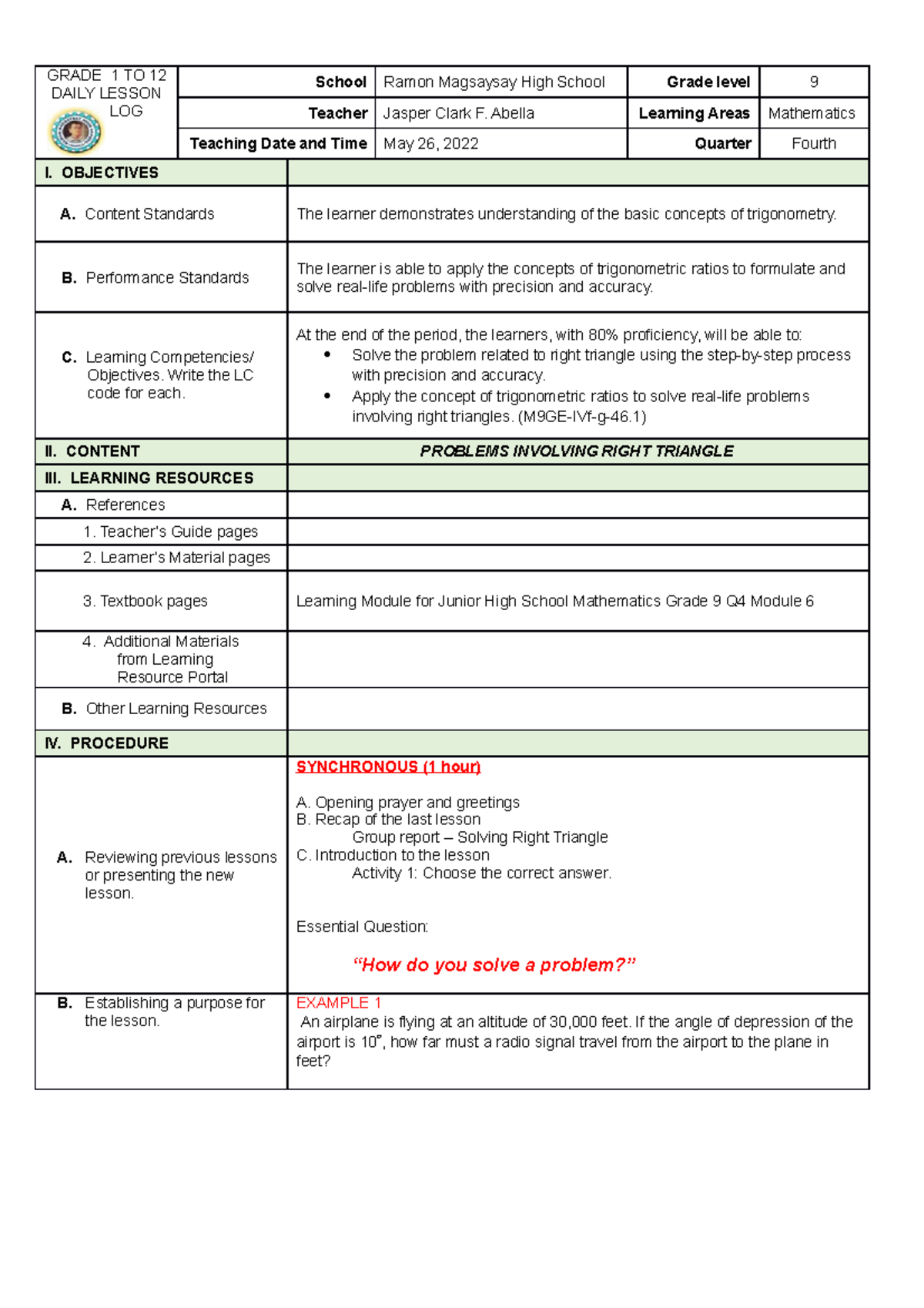 DLP-in-Mathematics-Problems Involving Right Triangle ( Draft) - GRADE 1 ...