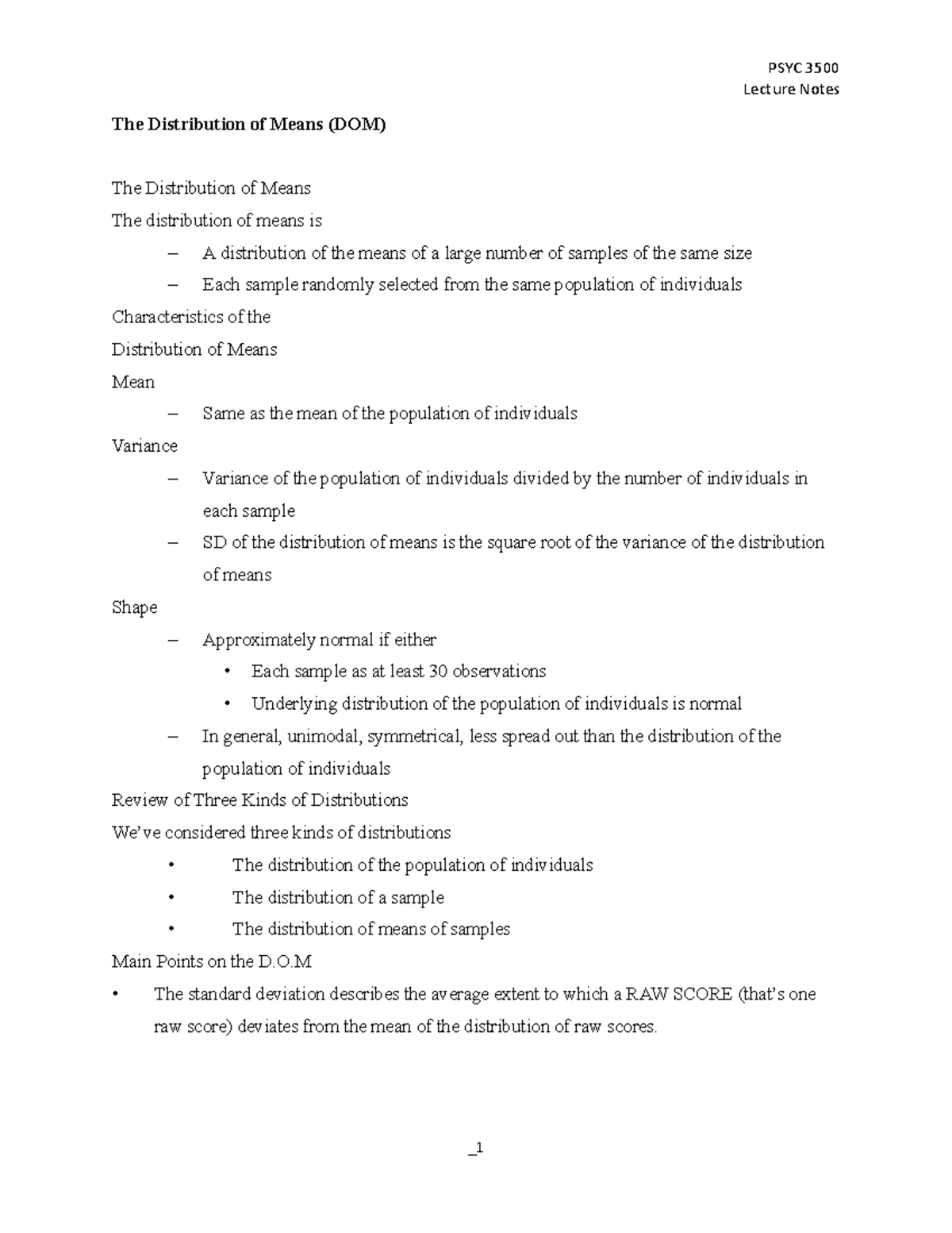PSYC3500 Lecture-Notes 3A - Lecture Notes The Distribution of Means ...