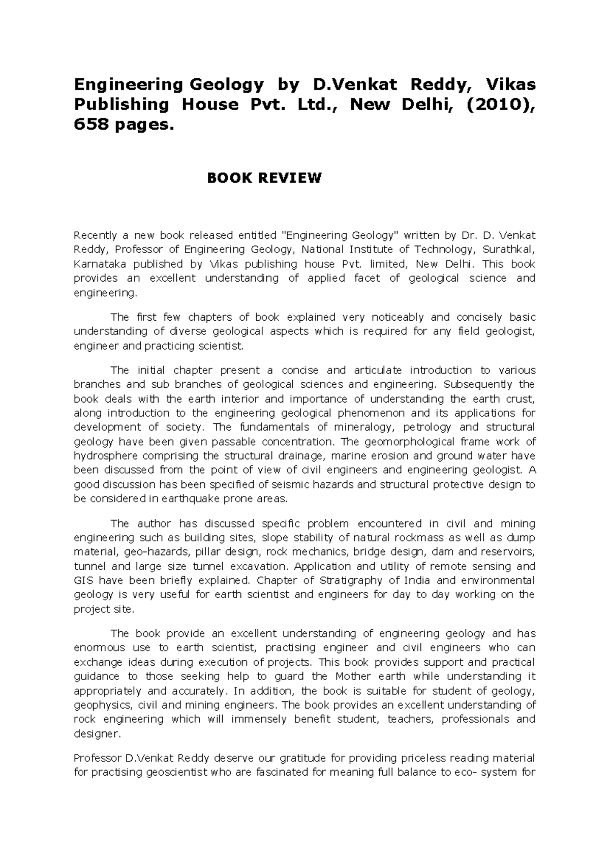 TN-Singh-review Newbook Ofdvreddy - Engineering Geology by D Reddy, Vikas Publishing House Pvt ...