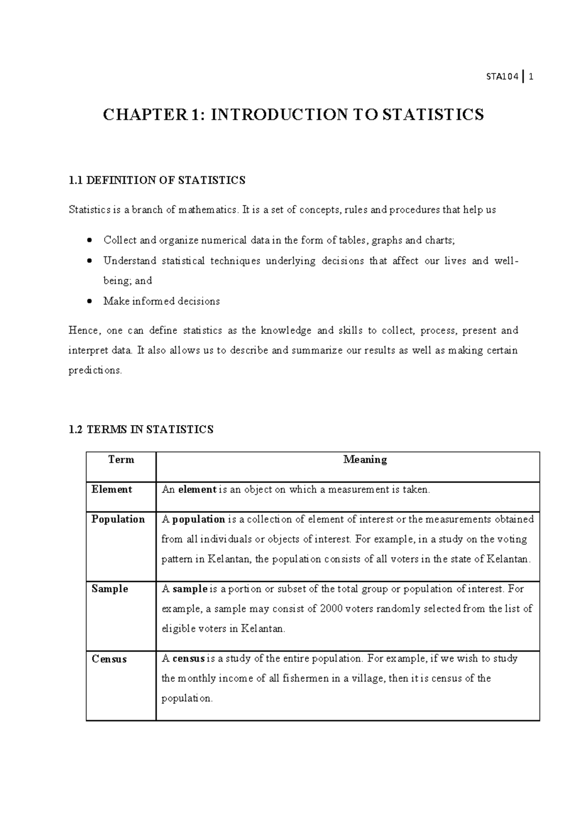 Chapter 1 - notes - CHAPTER 1: INTRODUCTION TO STATISTICS 1 DEFINITION ...