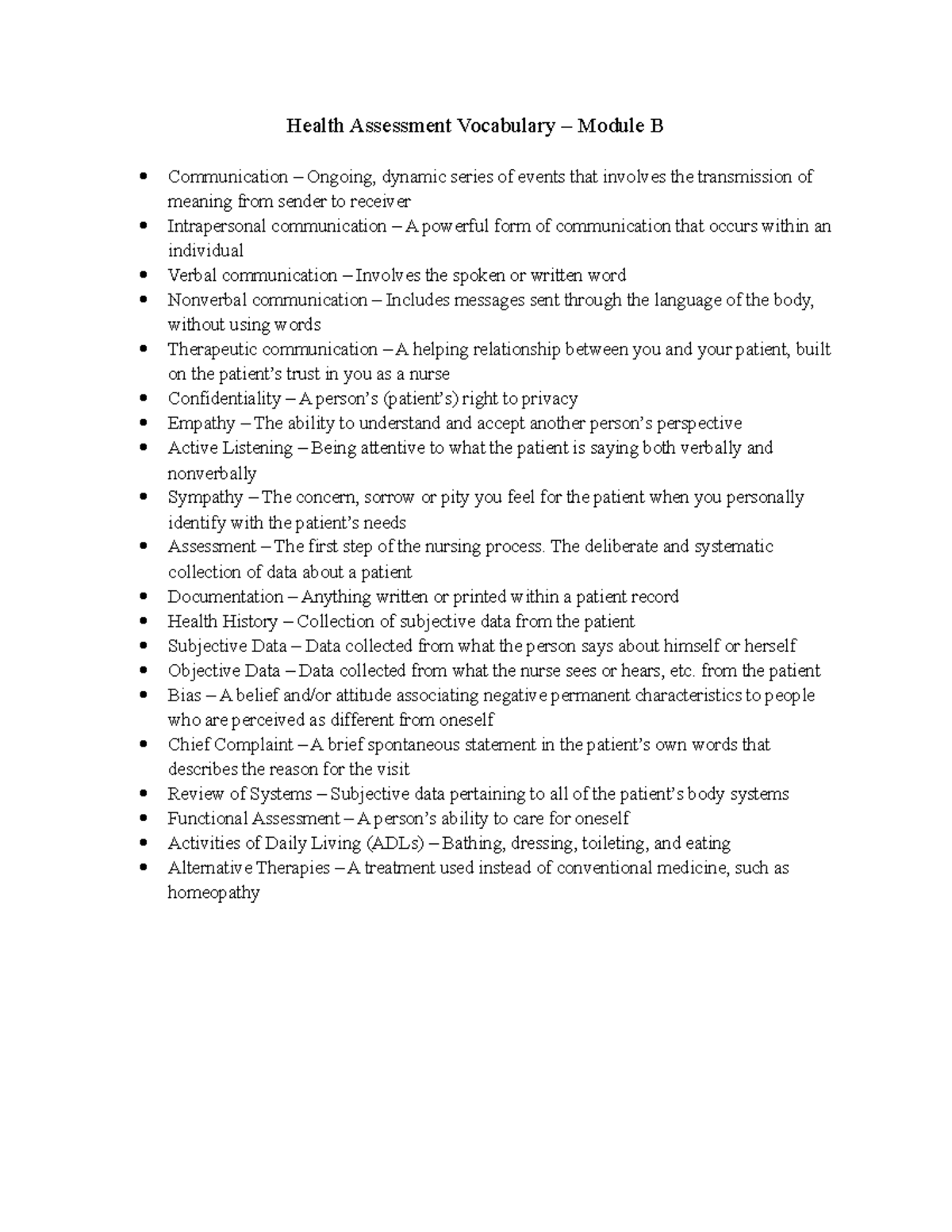 Health Assessment Vocab B - Health Assessment Vocabulary – Module B ...