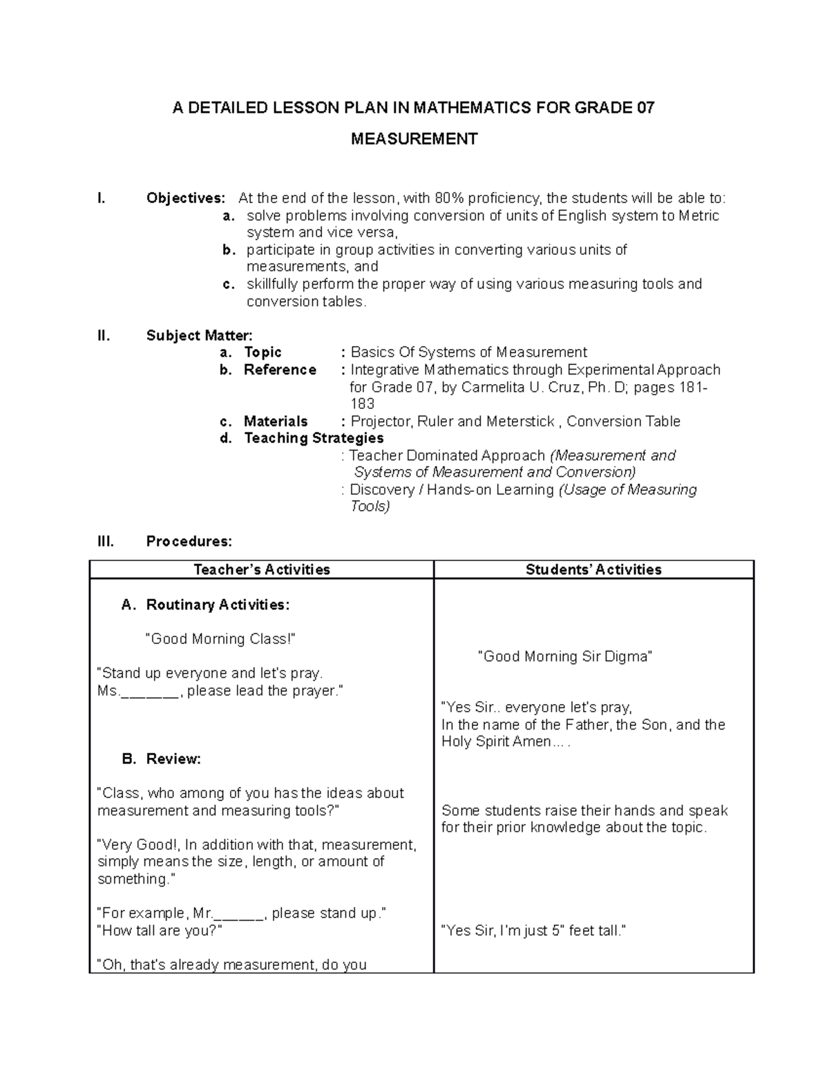 Lesson PLAN In MATH Measurement A DETAILED LESSON PLAN IN