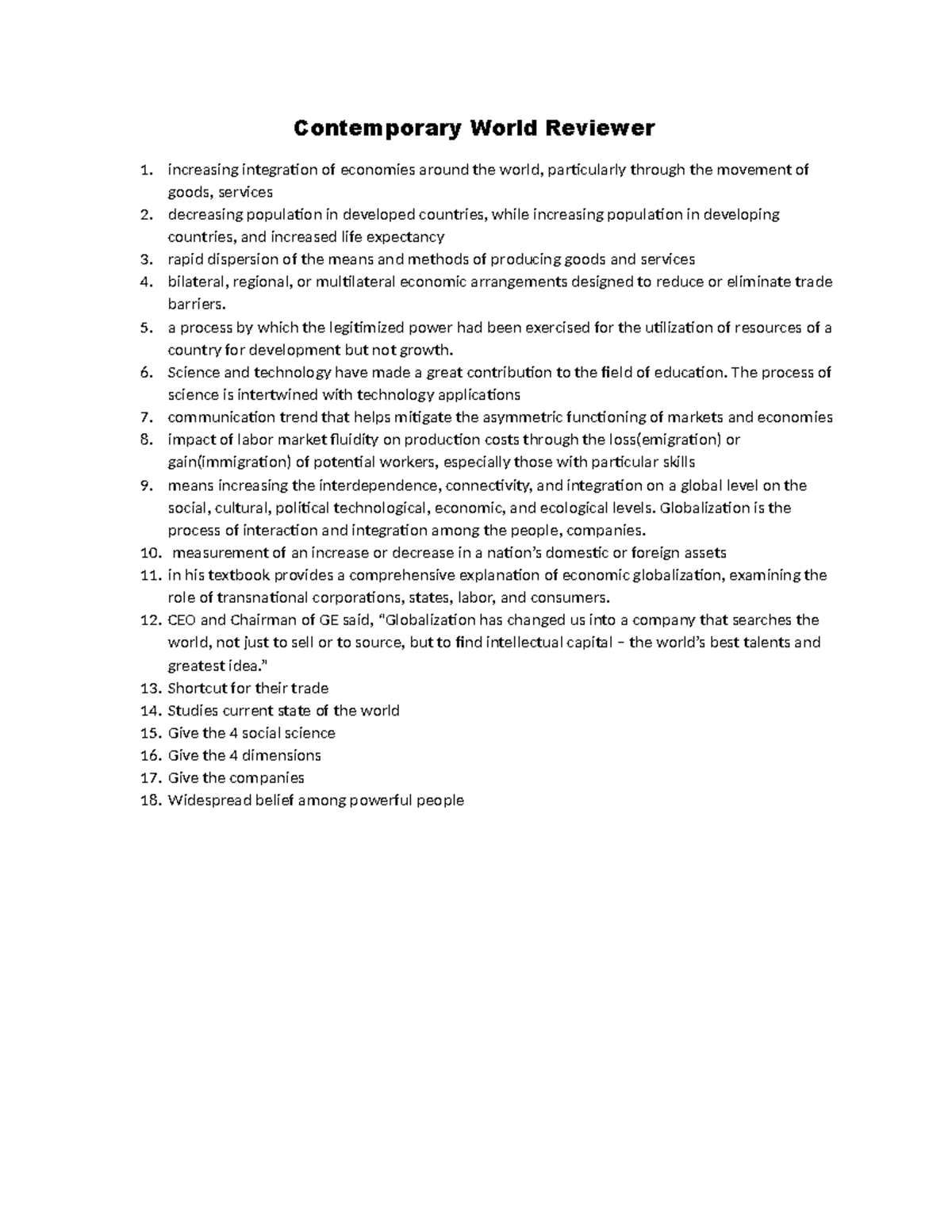 Contemp world rev - Notes - Contemporary World Reviewer 1. increasing ...